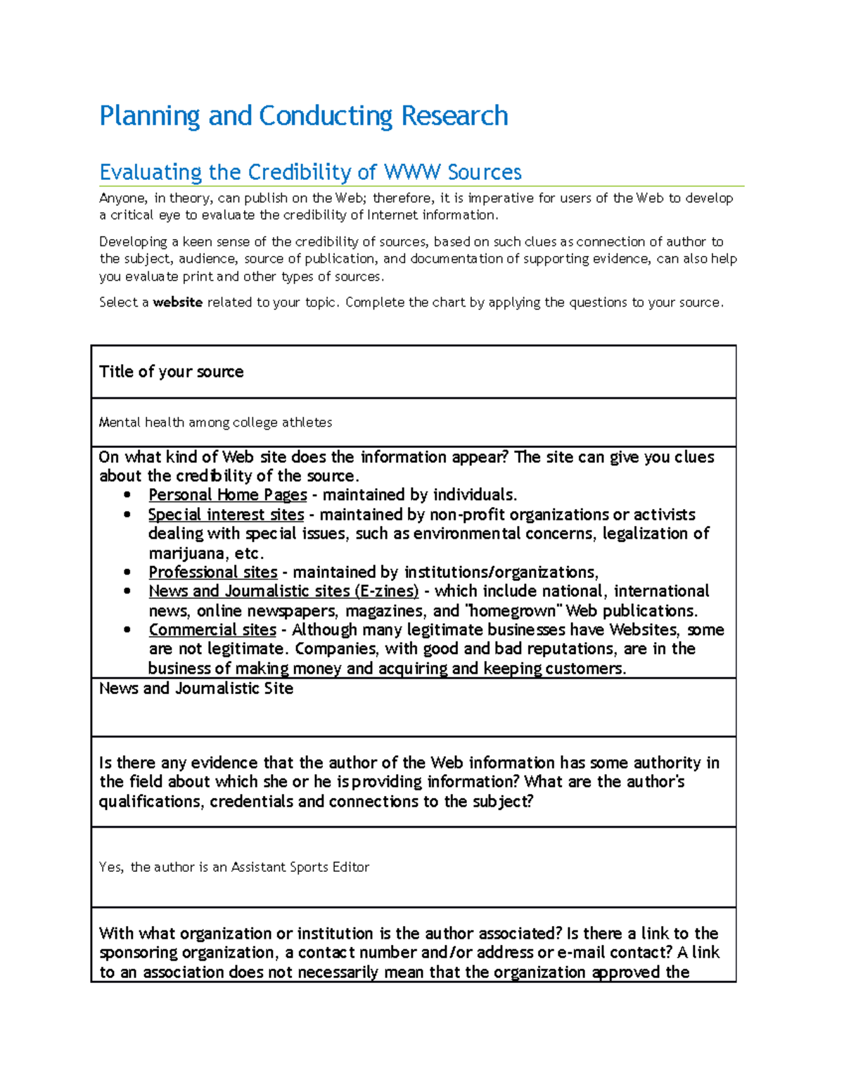 English Assignment - heather coy - Planning and Conducting Research Evaluating the Credibility ...