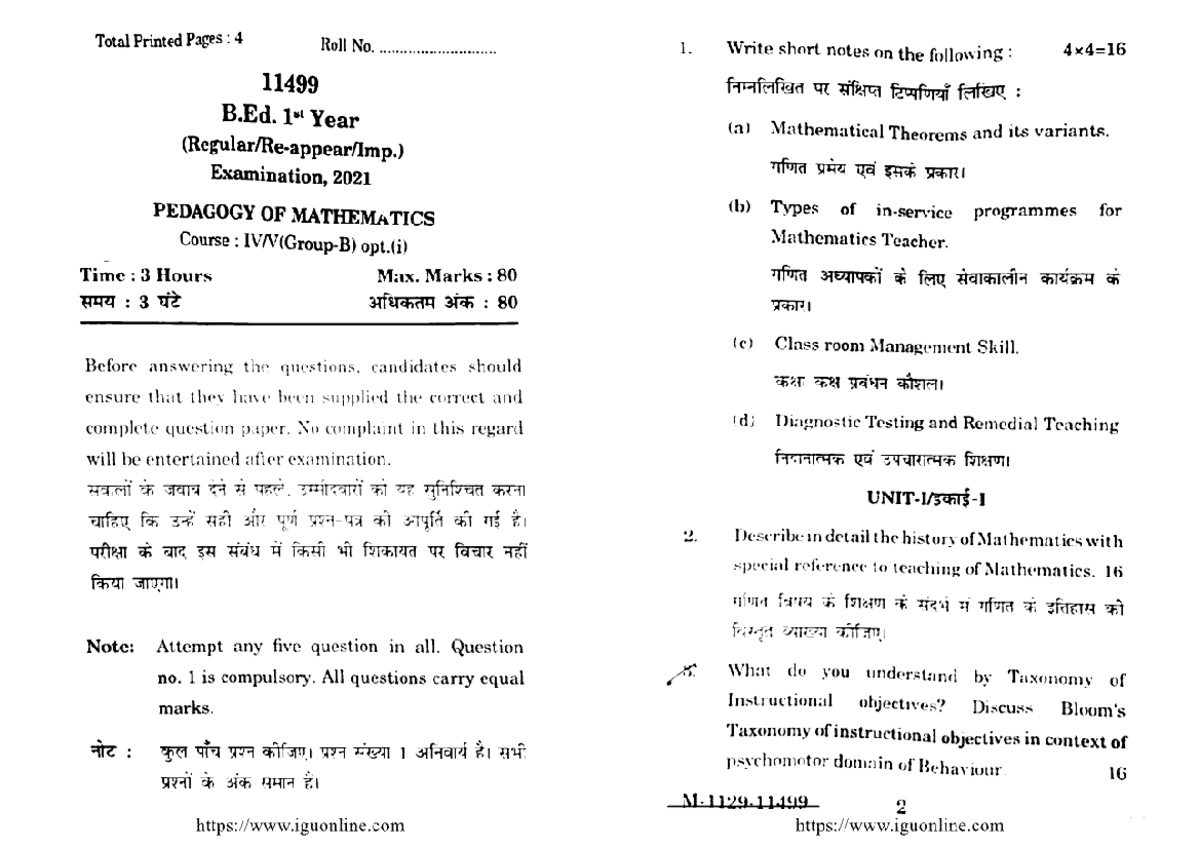 B ed 1 year pedagogy of mathematics 11499 2021 - Total Printed Pages: 4 ...