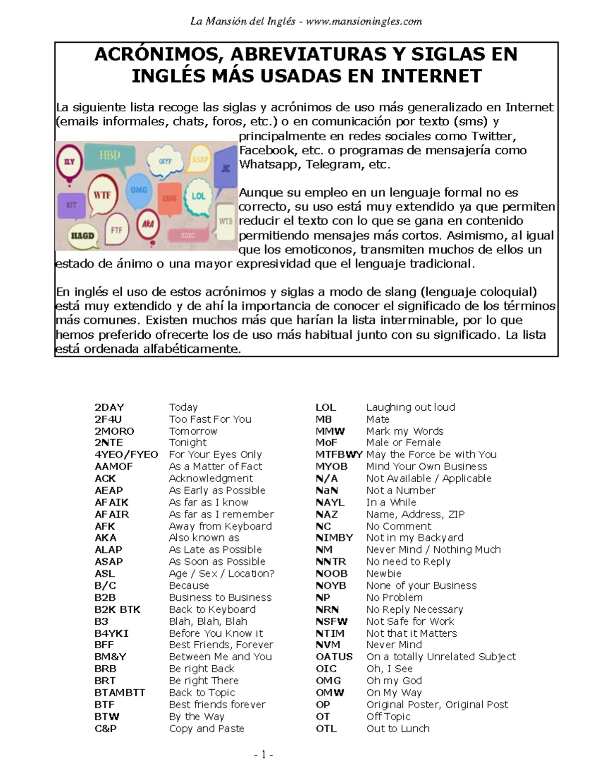Acronyms - La Mansión del Inglés - mansioningles 1 - ACR”NIMOS, ABREVIATURAS Y SIGLAS EN INGL ...