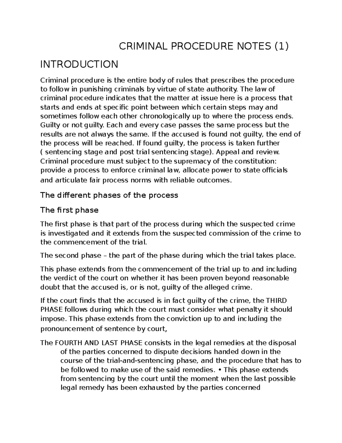 Criminal Procedure Notes - CRIMINAL PROCEDURE NOTES (1) INTRODUCTION ...