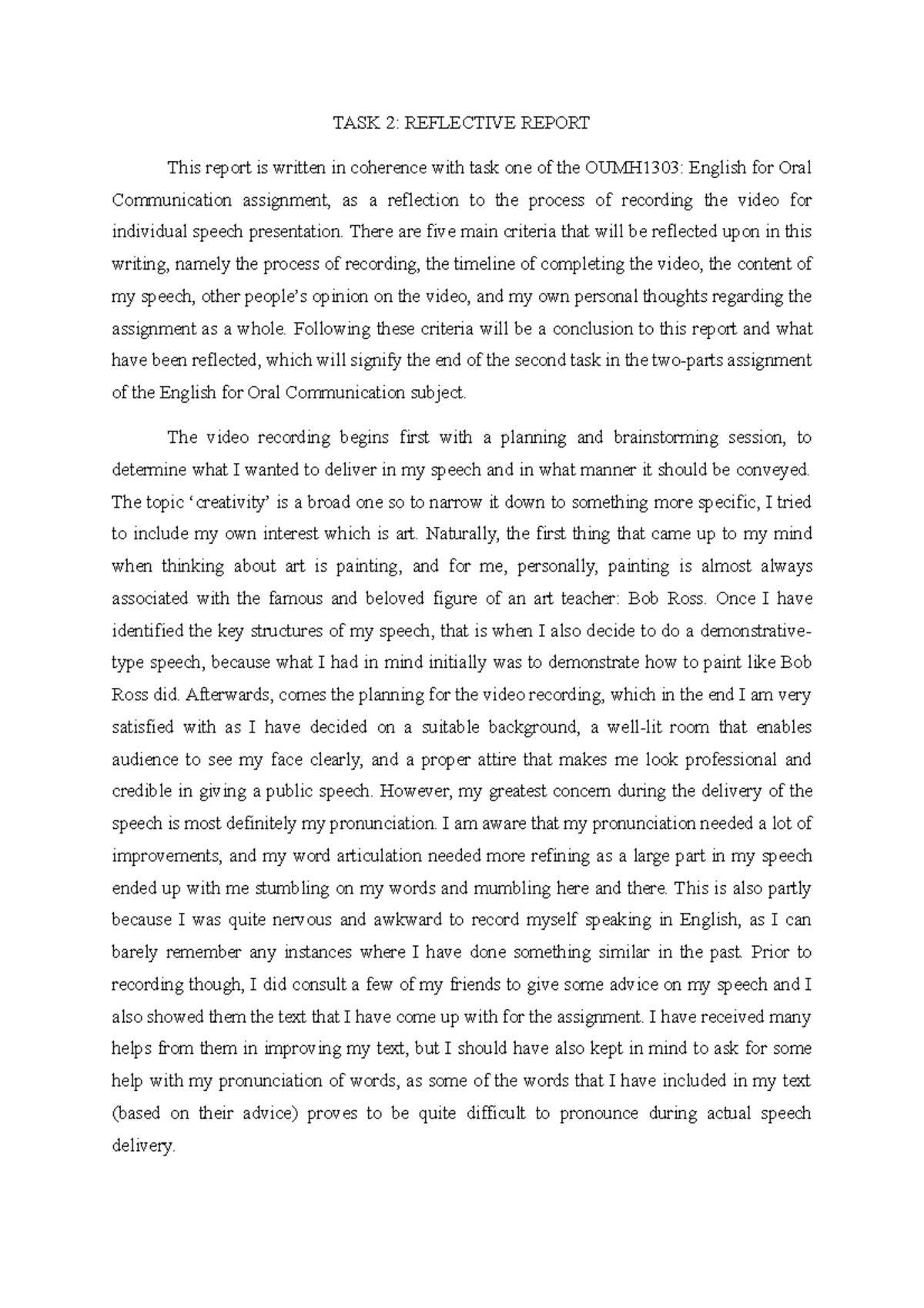 Reflective report - English for Oral Communication - TASK 2: REFLECTIVE ...