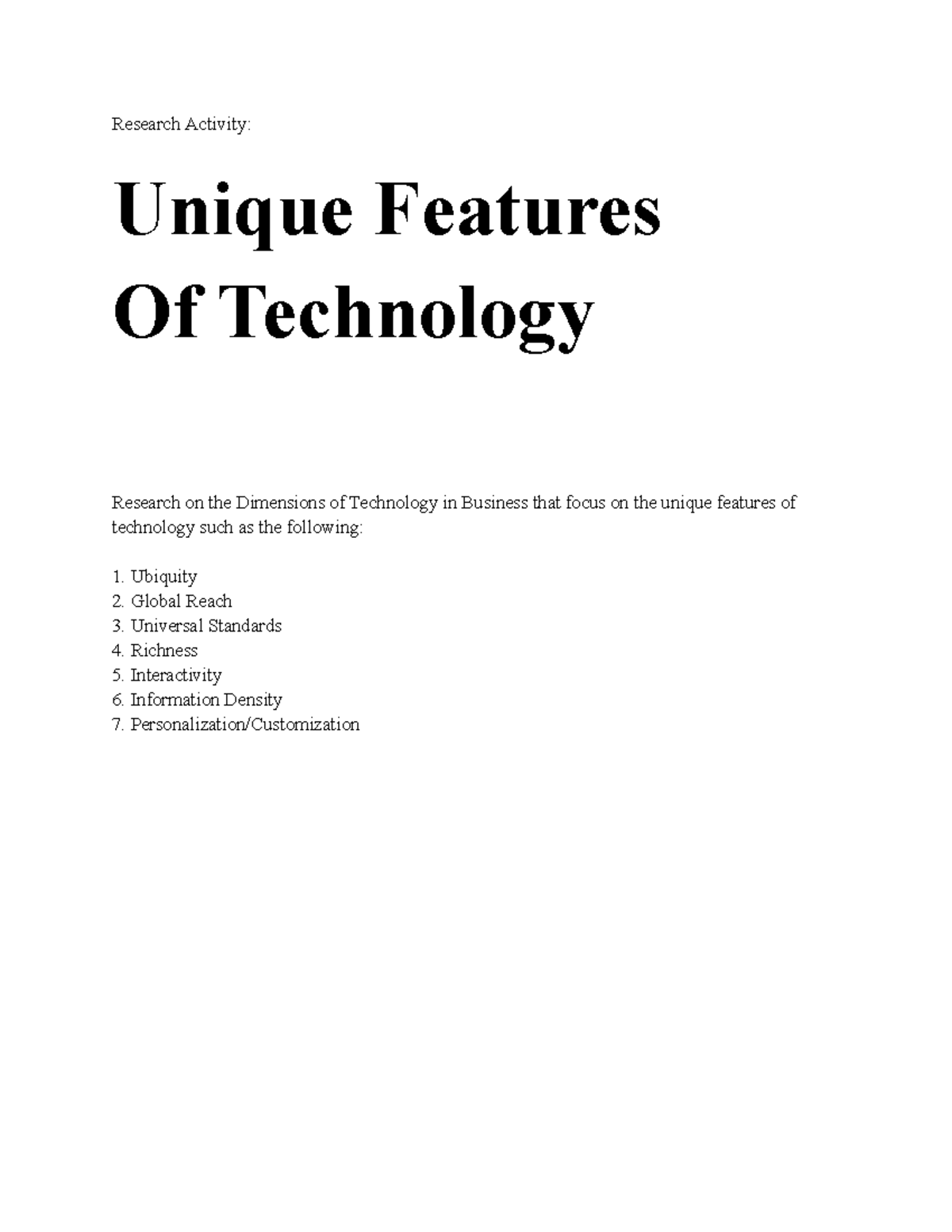 Unique Features of Technology - Research Activity: Unique Features Of ...