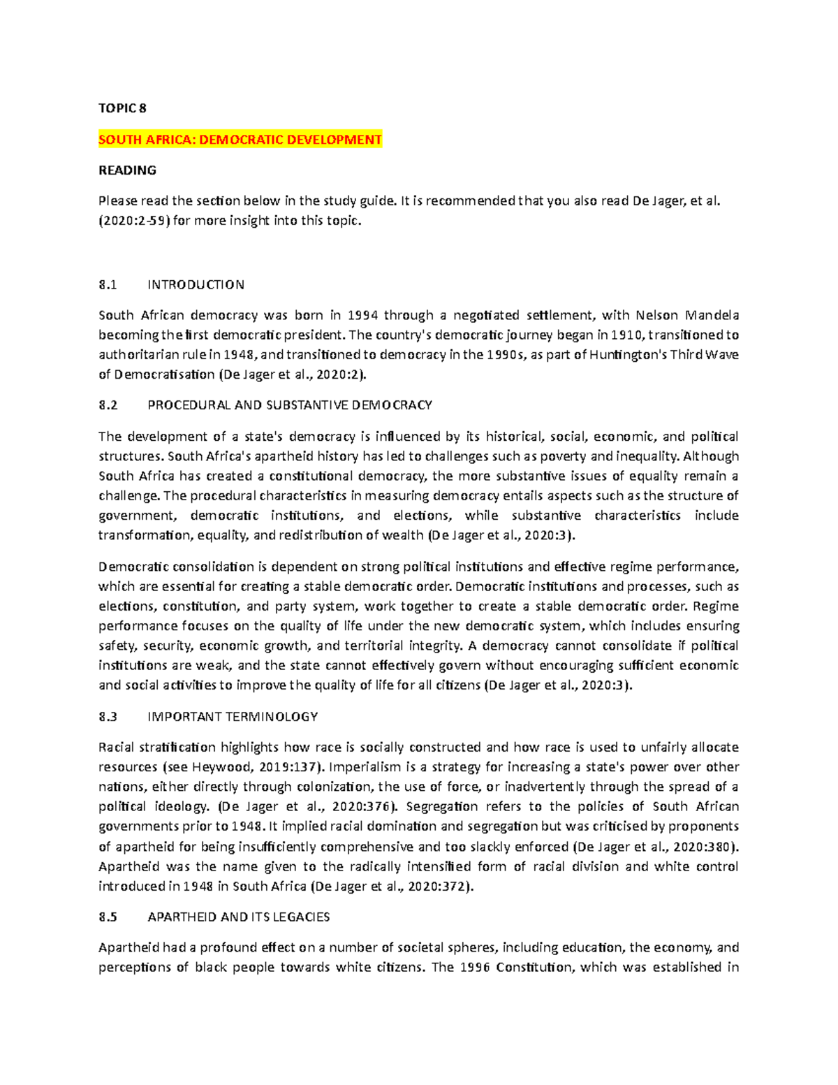 POG152 Topic 8 Additional notes-1 - TOPIC 8 SOUTH AFRICA: DEMOCRATIC ...