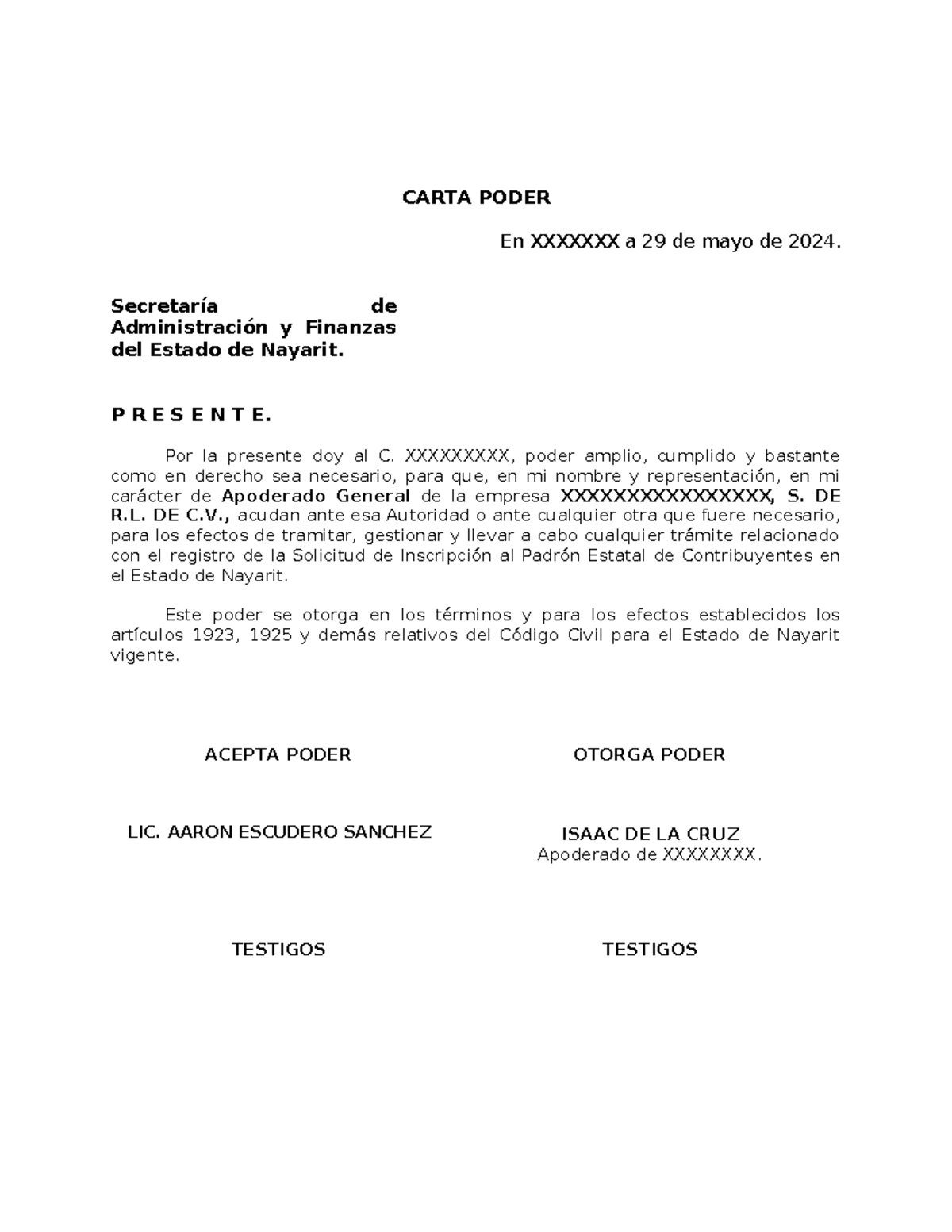 Carta Poder Speedy Estudio Carta Poder En Xxxxxxx A 29 De Mayo De