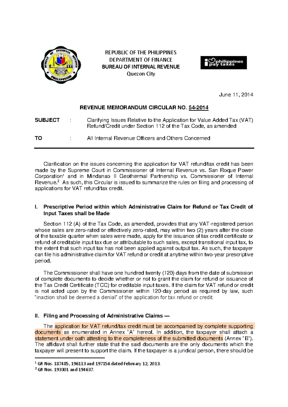 RMC No 54-2014 - Memo Circular - REPUBLIC OF THE PHILIPPINES DEPARTMENT ...
