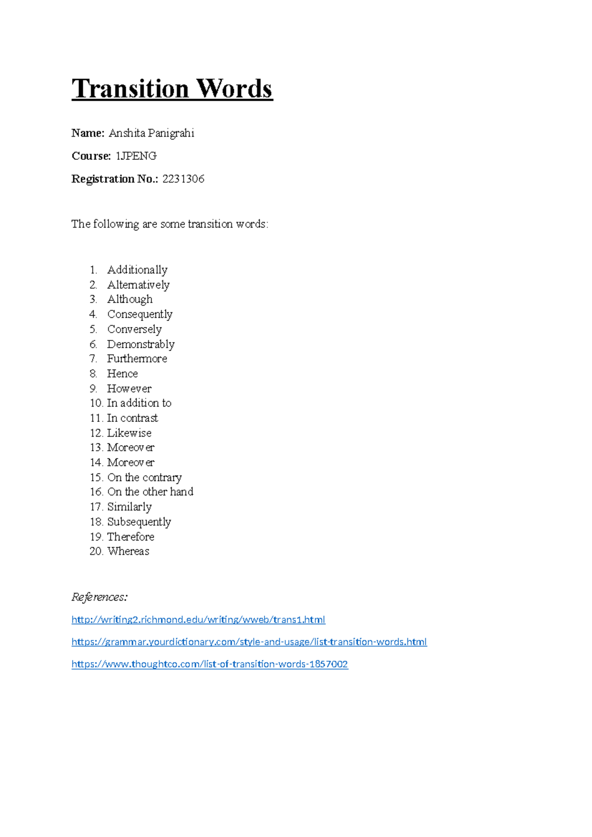 Transition Words - Notes - Transition Words Name: Anshita Panigrahi ...