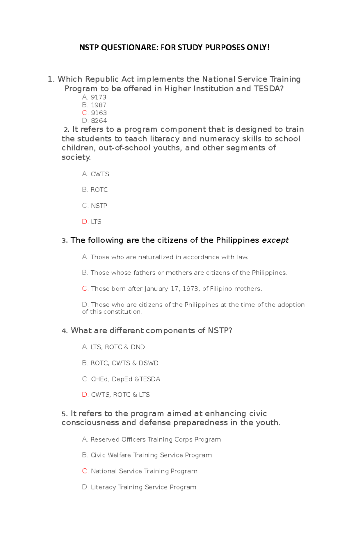 NSTP- Questionare.-sampledocx - NSTP QUESTIONARE: FOR STUDY PURPOSES ...