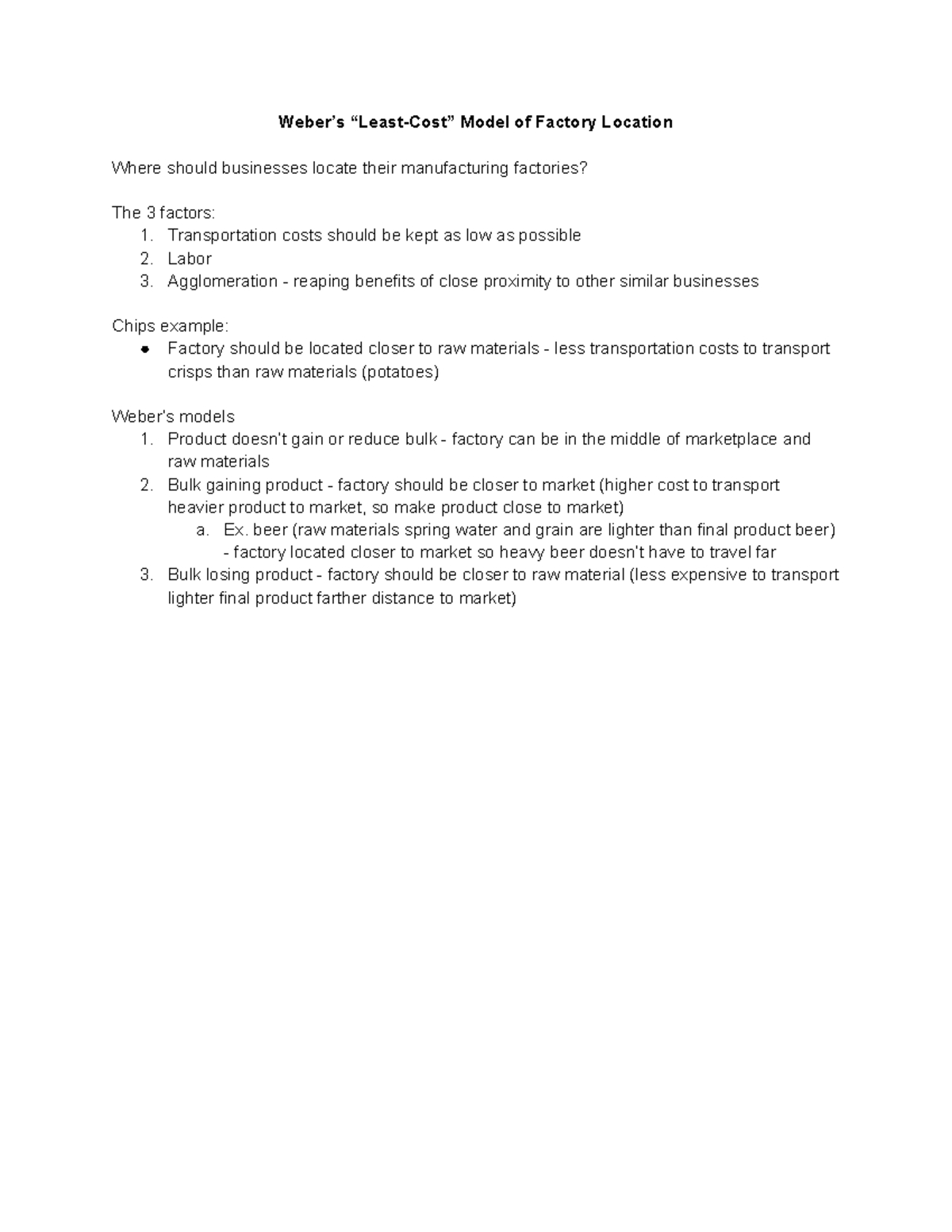 Weber’s “Least-Cost” Model of Factory Location - Weber’s “Least-Cost ...