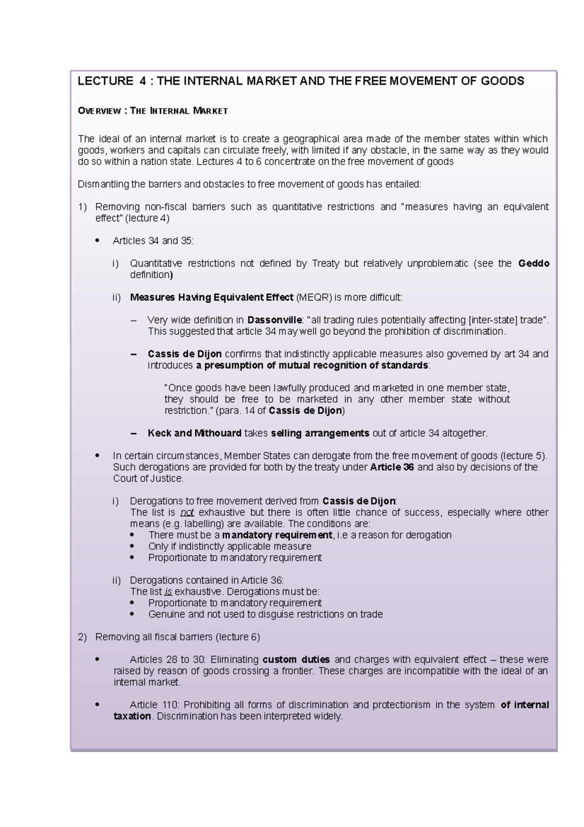 Notes on FMOG NFB CP - LECTURE 4 : THE INTERNAL MARKET AND THE FREE ...