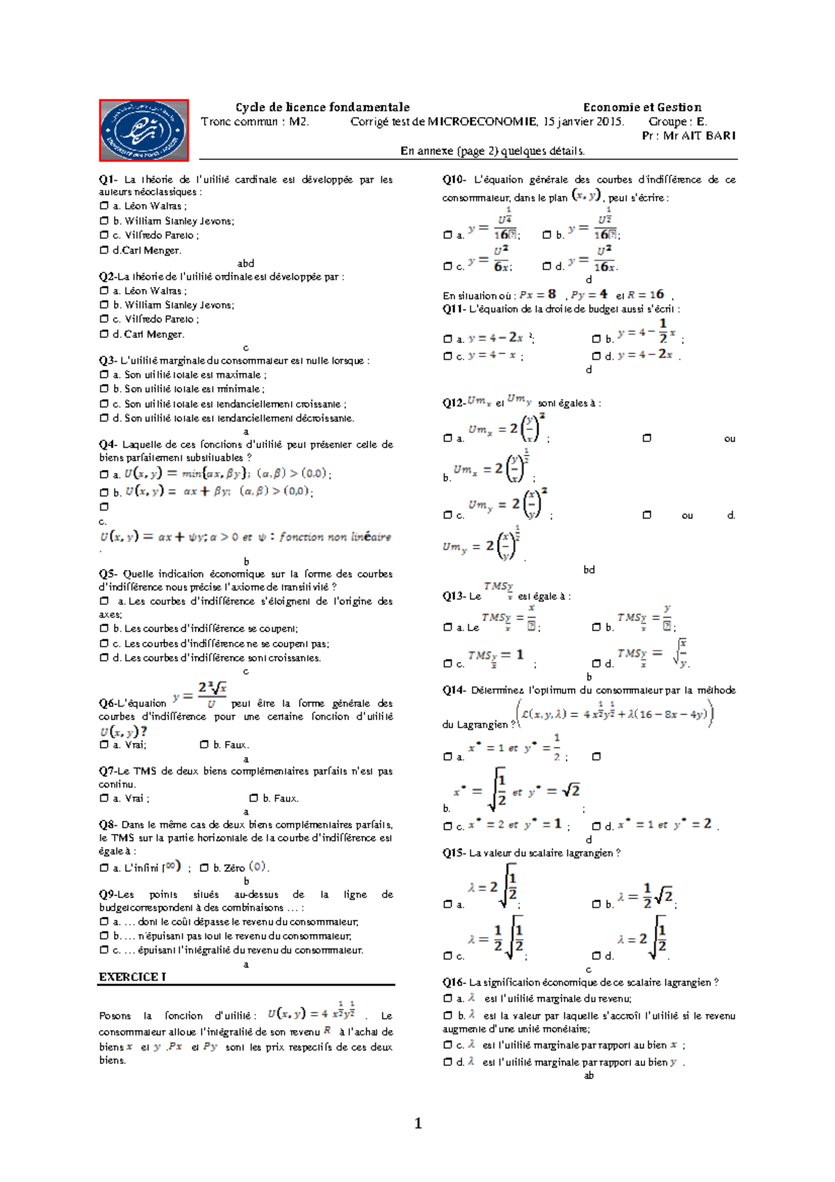 Qcm microéconomie s1 corrigé groupe 2 - 1 Cycle de licence fondamentale ...