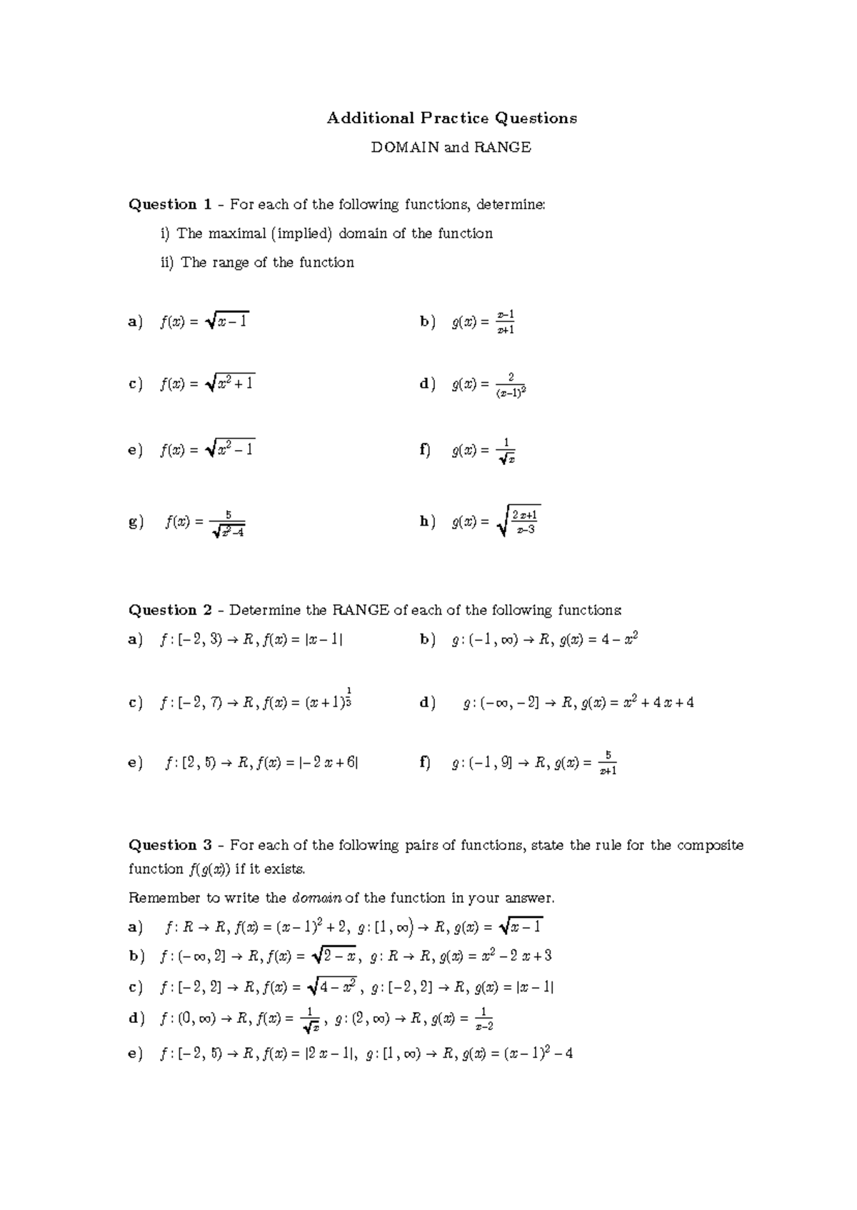 MM34 Domain and Range additional Practice Questions - Additional ...