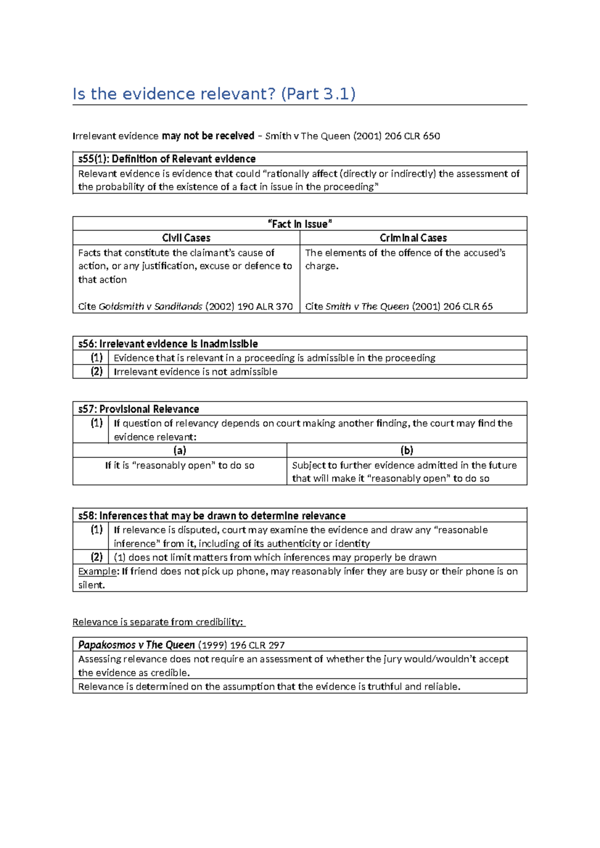 Evidence midsem notes - Is the evidence relevant? (Part 3) Irrelevant ...