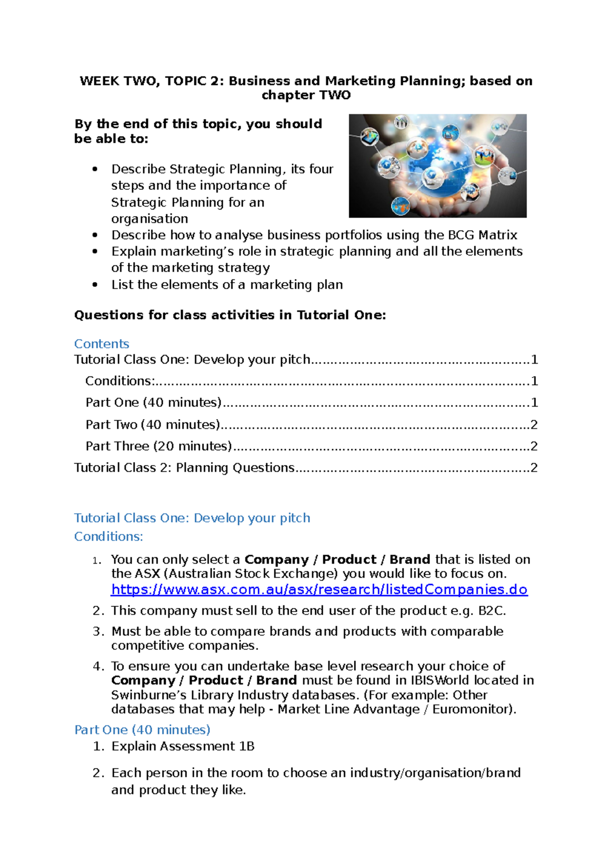 Week Two Tutorial Activities T1 2022 - WEEK TWO, TOPIC 2: Business and Marketing Planning; based ...