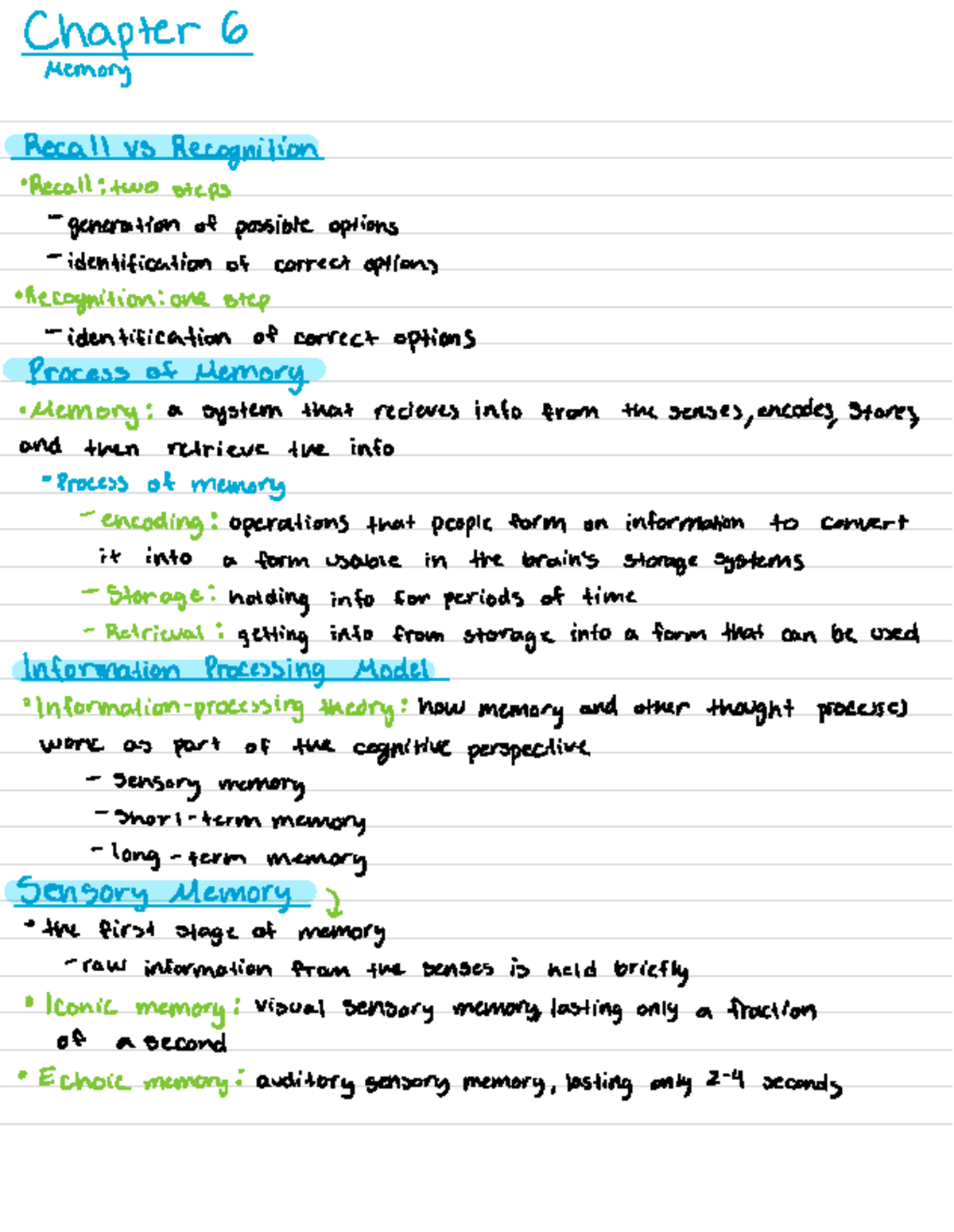 Chapter 6 - Memory - Chapter 6 Memory Recall Vs Recognition • Recall ...