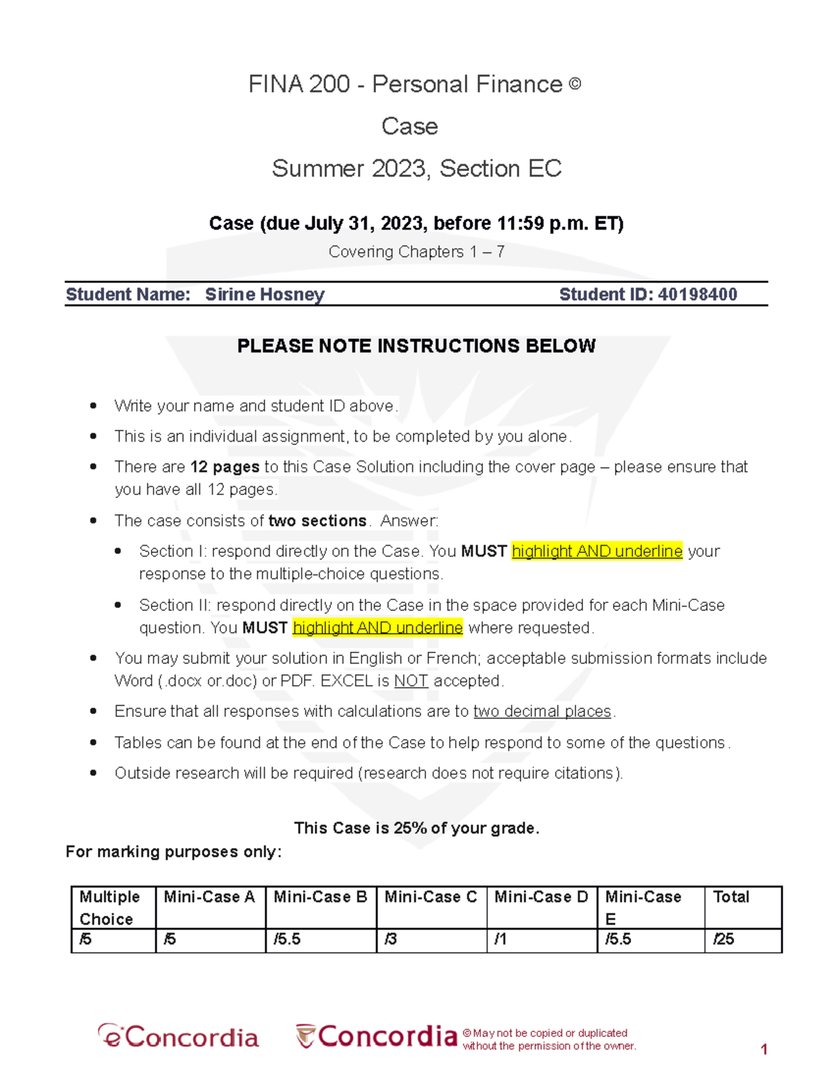 Case study - FINA 200 - Personal Finance Case Summer 2023, Section EC ...