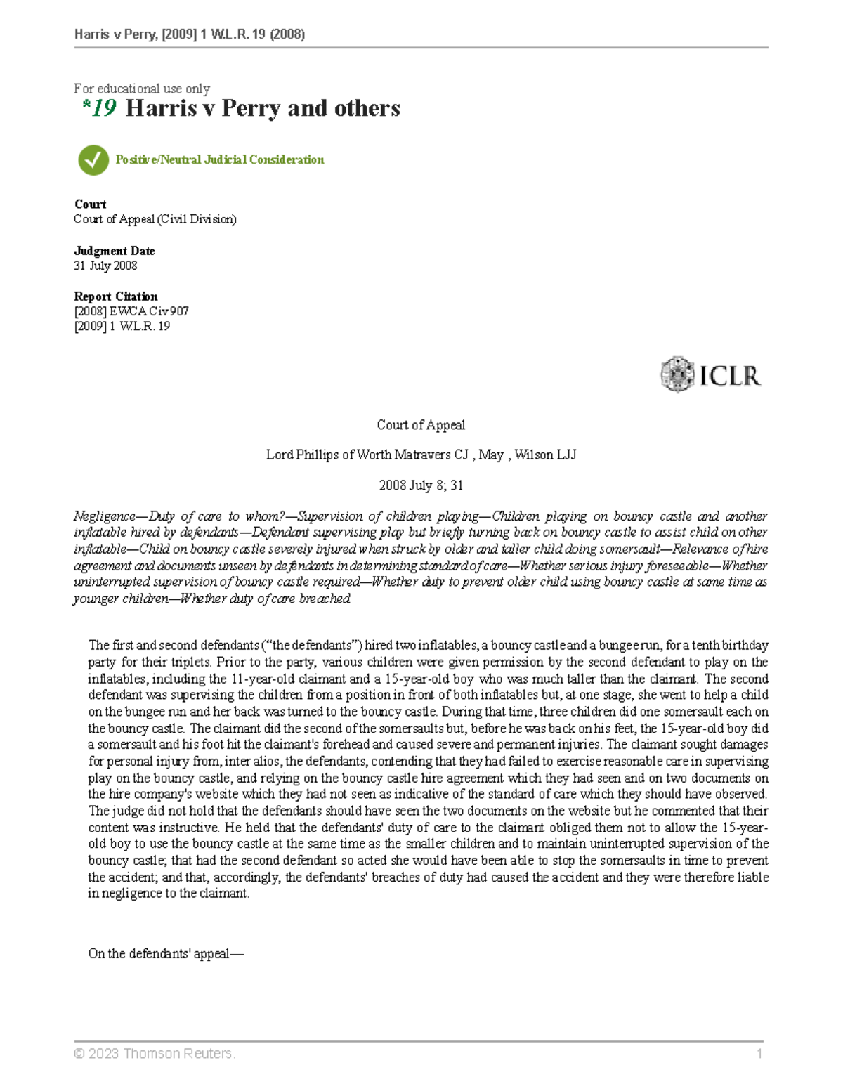 Harris v Perry - notes - For educational use only *19 Harris v Perry ...