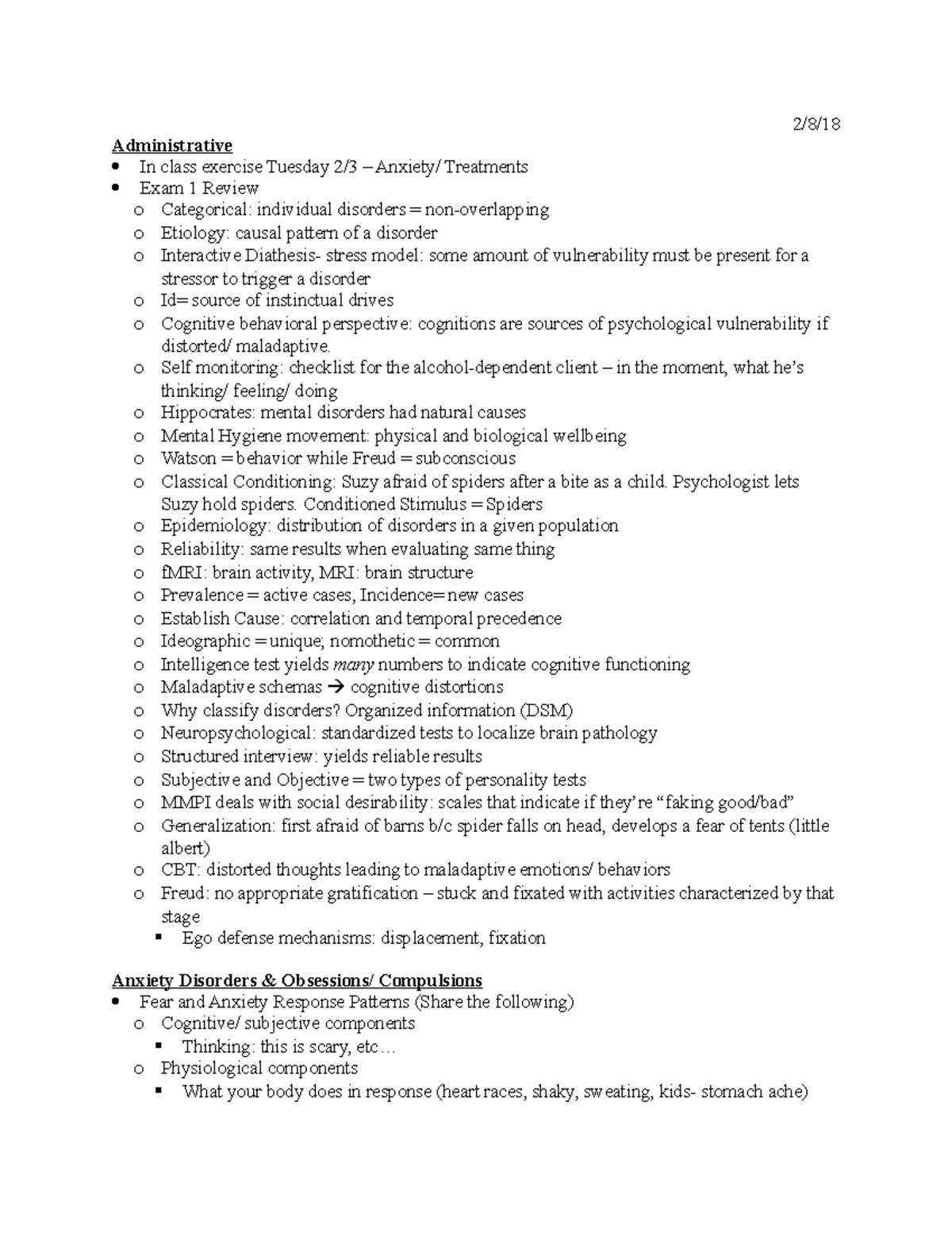 Anxiety Disorders - 2/8/ Administrative In class exercise Tuesday 2/3 ...