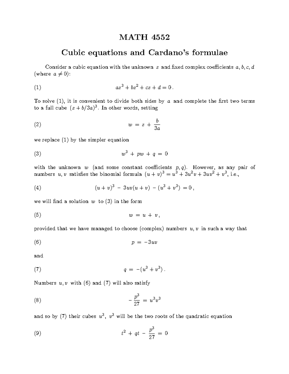 4552-cubic-quartic - Control Theory - MATH 4552 Cubic equations and ...