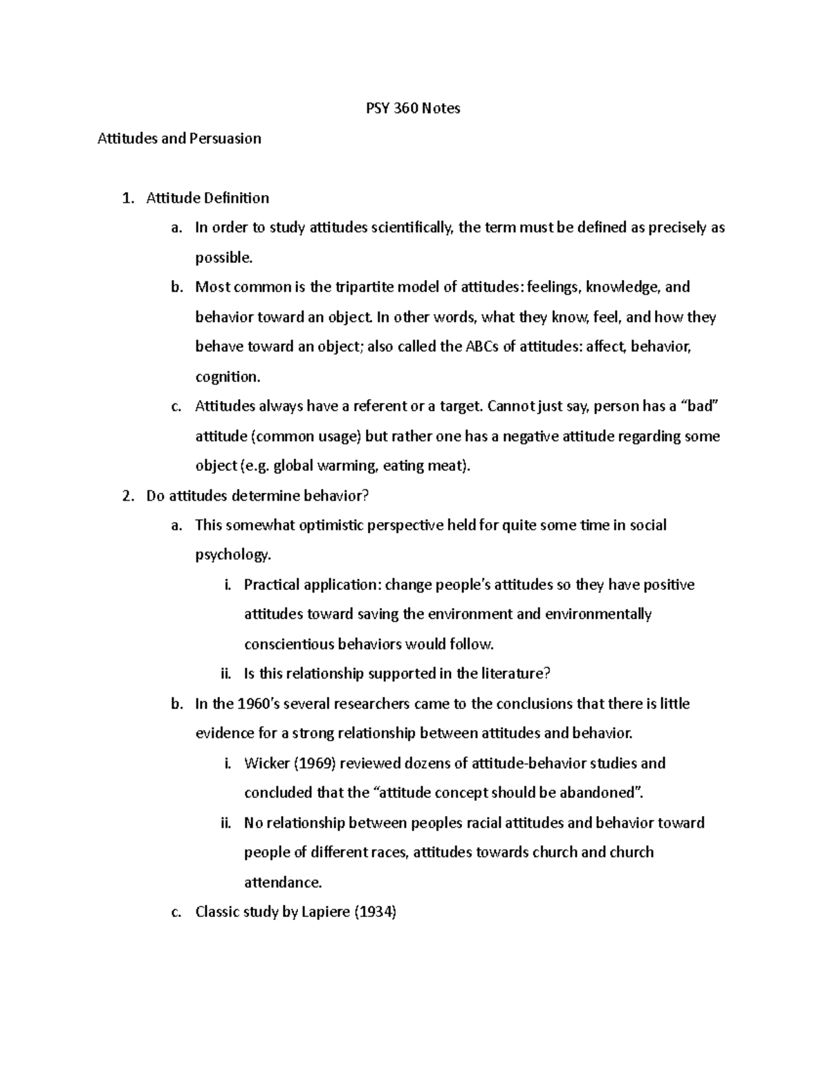 PSY 360 Notes - attitudes and persuasion - PSY 360 Notes Attitudes and ...