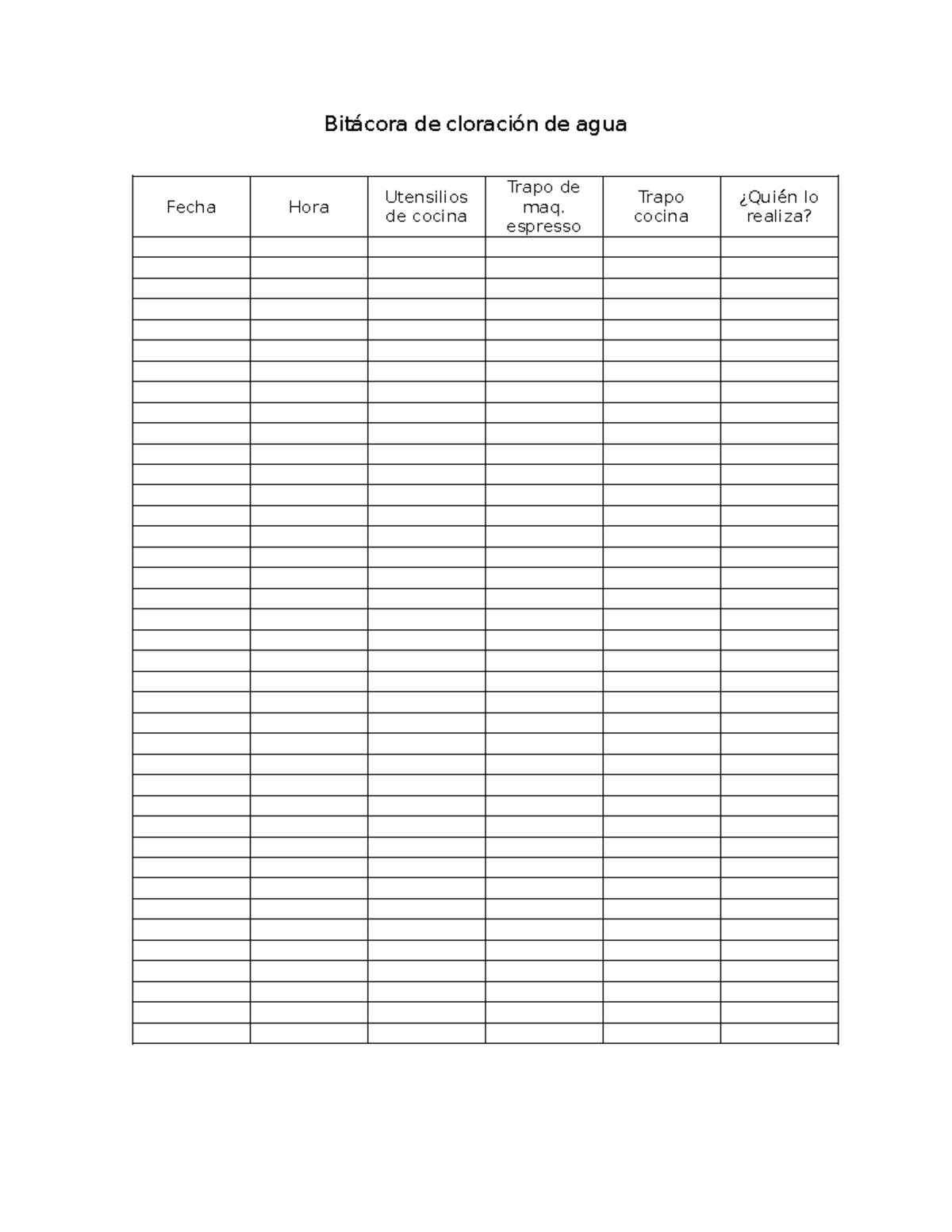 Bitácora de cloración de agua - Calidad - Bitácora de cloración de agua Fecha Hora Utensilios de ...