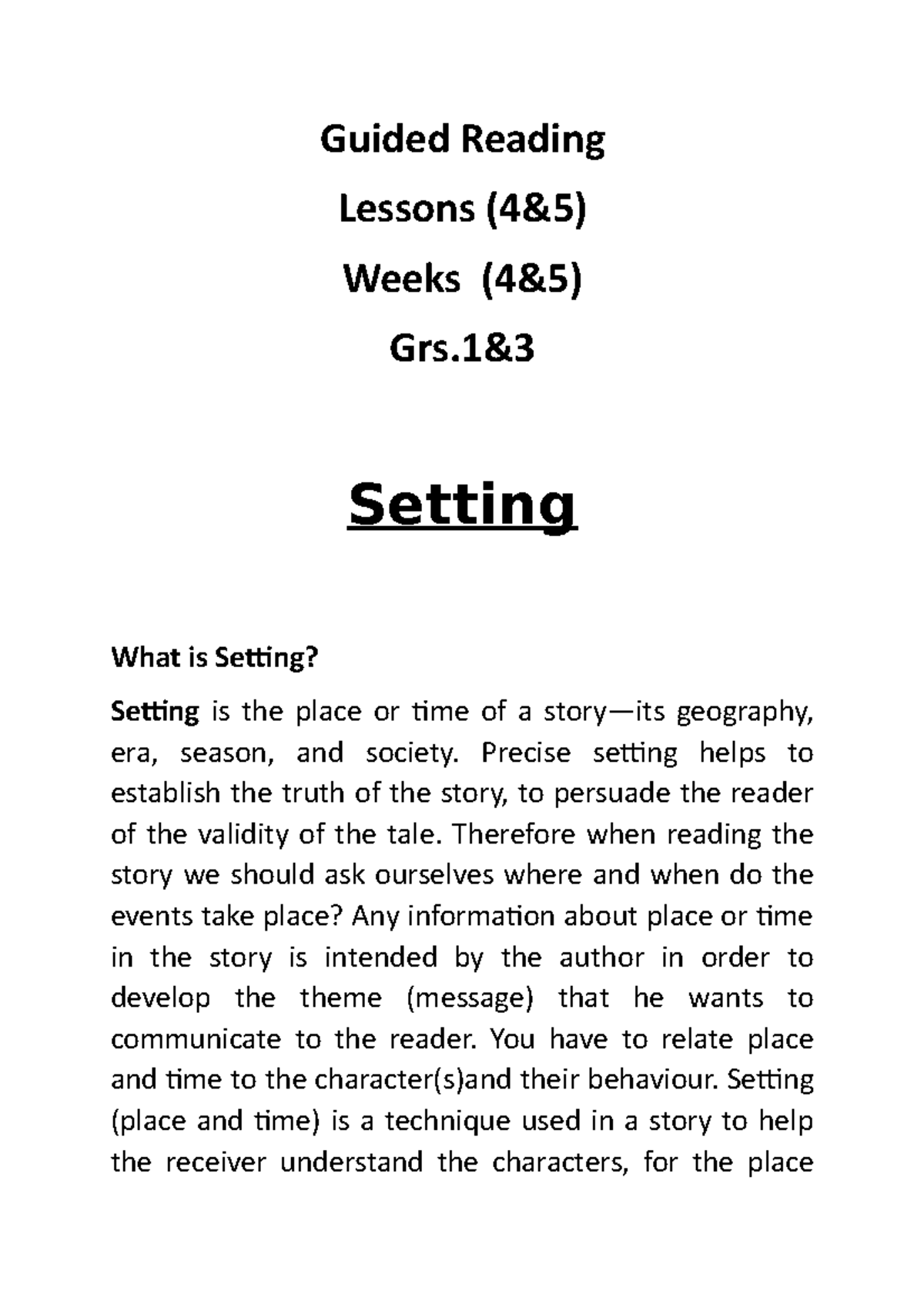 Guided Reading Lessons 4-5 - Guided Reading Lessons (4&5) Weeks (4&5 ...