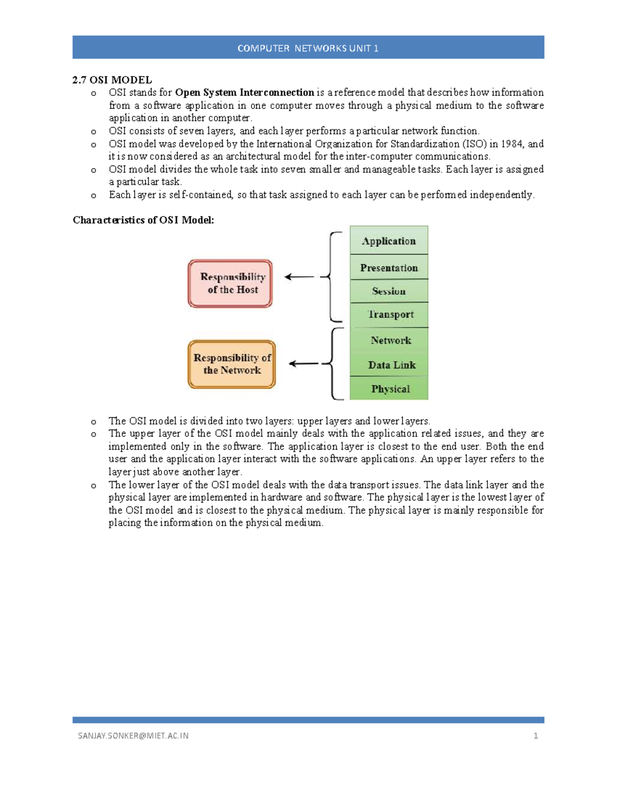 OSI Model - Summary Computer Engineering - 2 OSI MODEL o OSI stands for ...