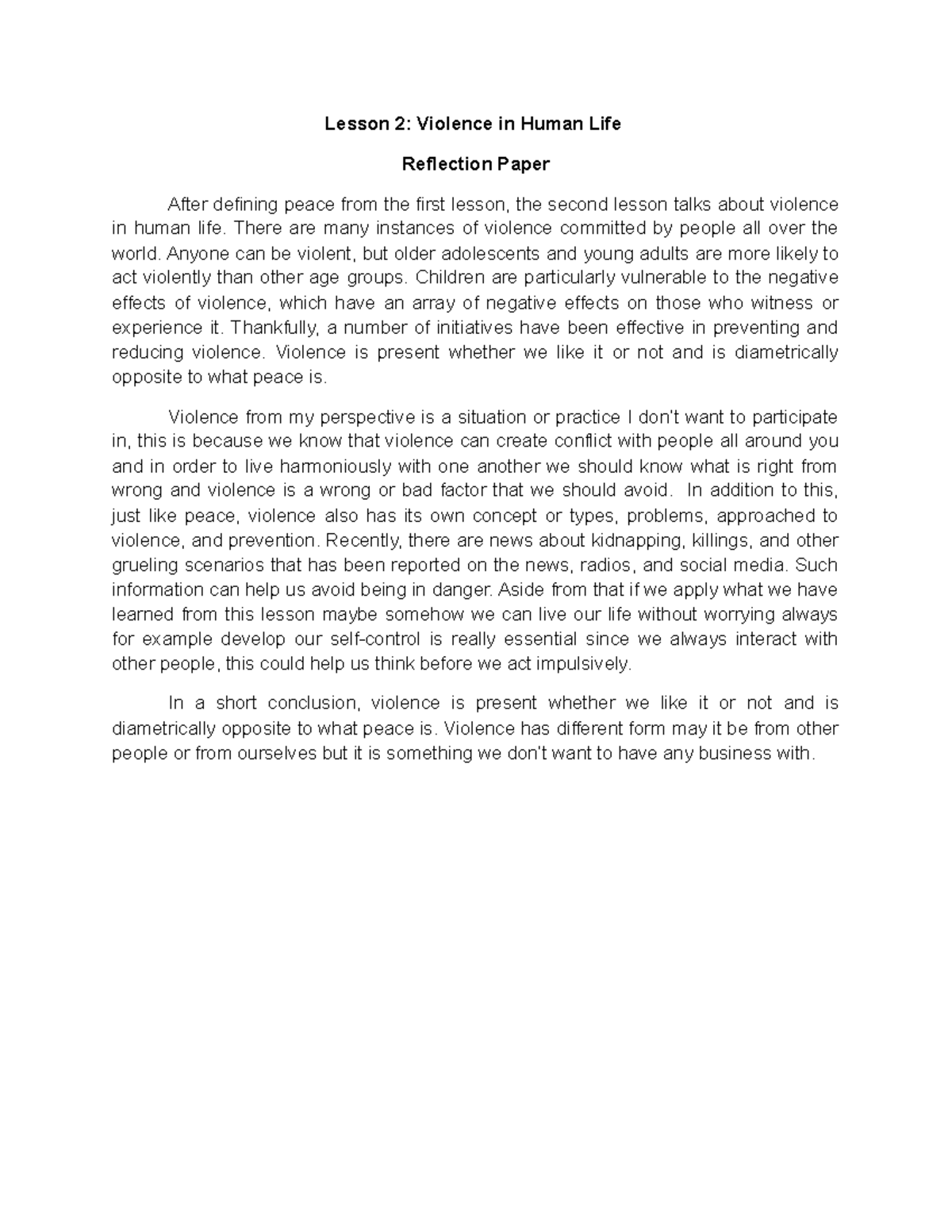 Lesson 2 - Lesson 2: Violence in Human Life Reflection Paper After ...
