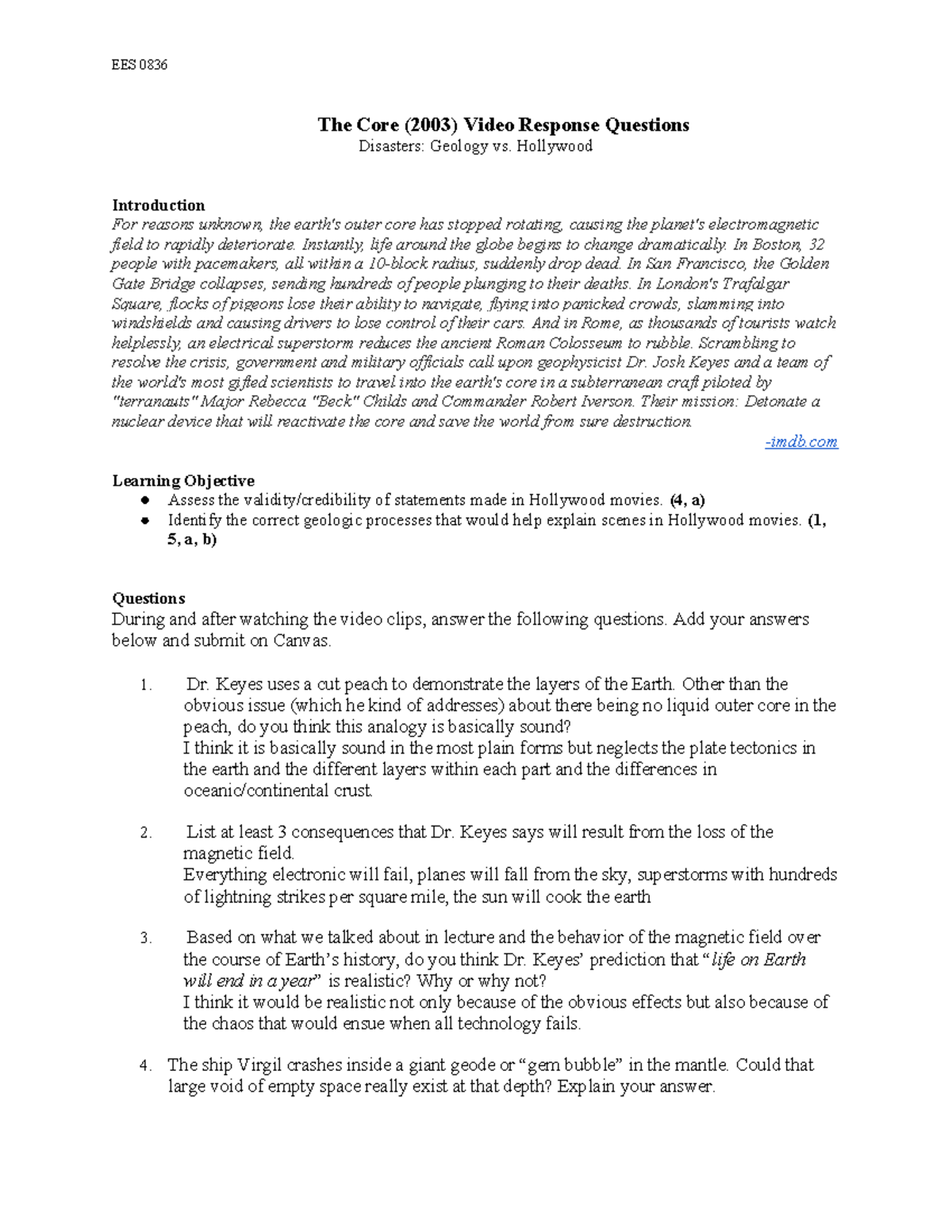 MQ The Core - EES 0836 The Core (2003) Video Response Questions ...