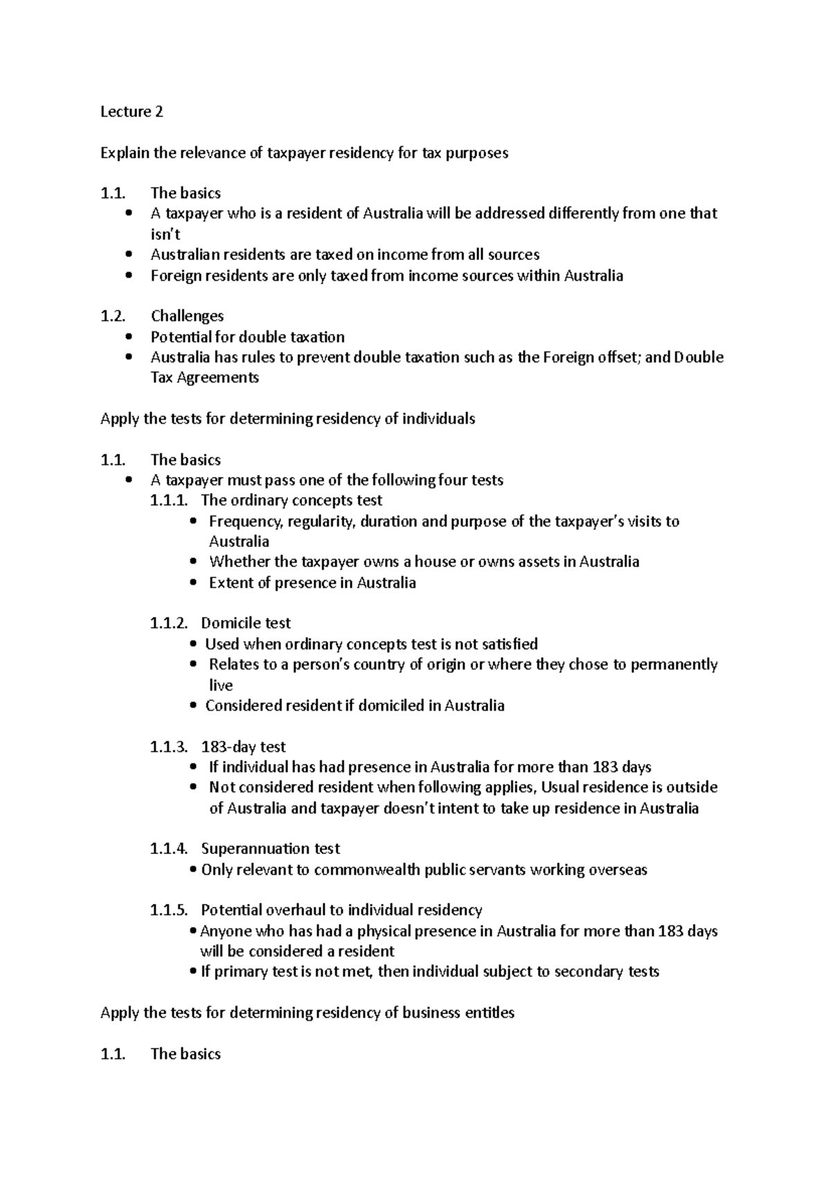 Lecture 2 - Lecture 2 Explain the relevance of taxpayer residency for ...