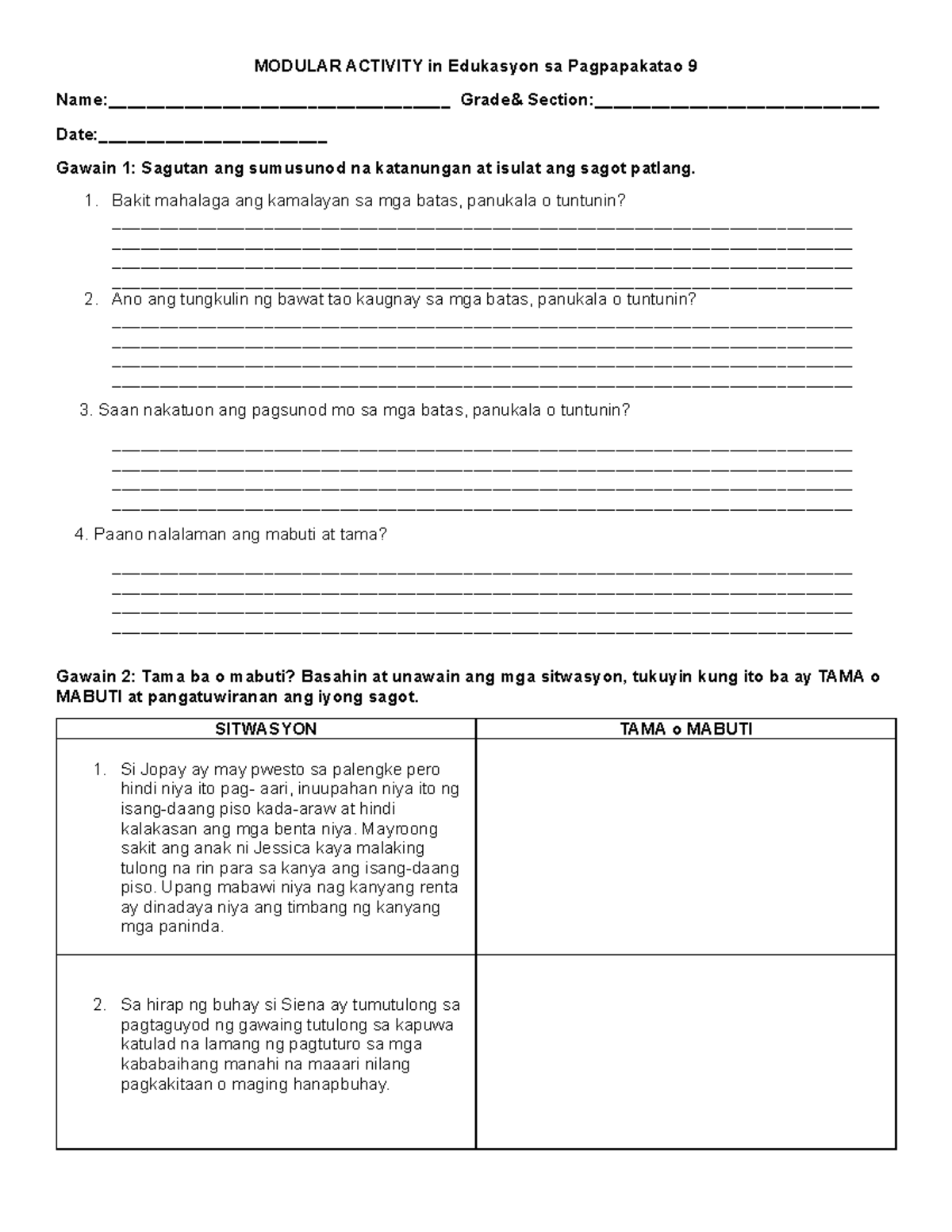 Modular Activity in ESP 9 - MODULAR ACTIVITY in Edukasyon sa Pagpapakatao 9 - Studocu