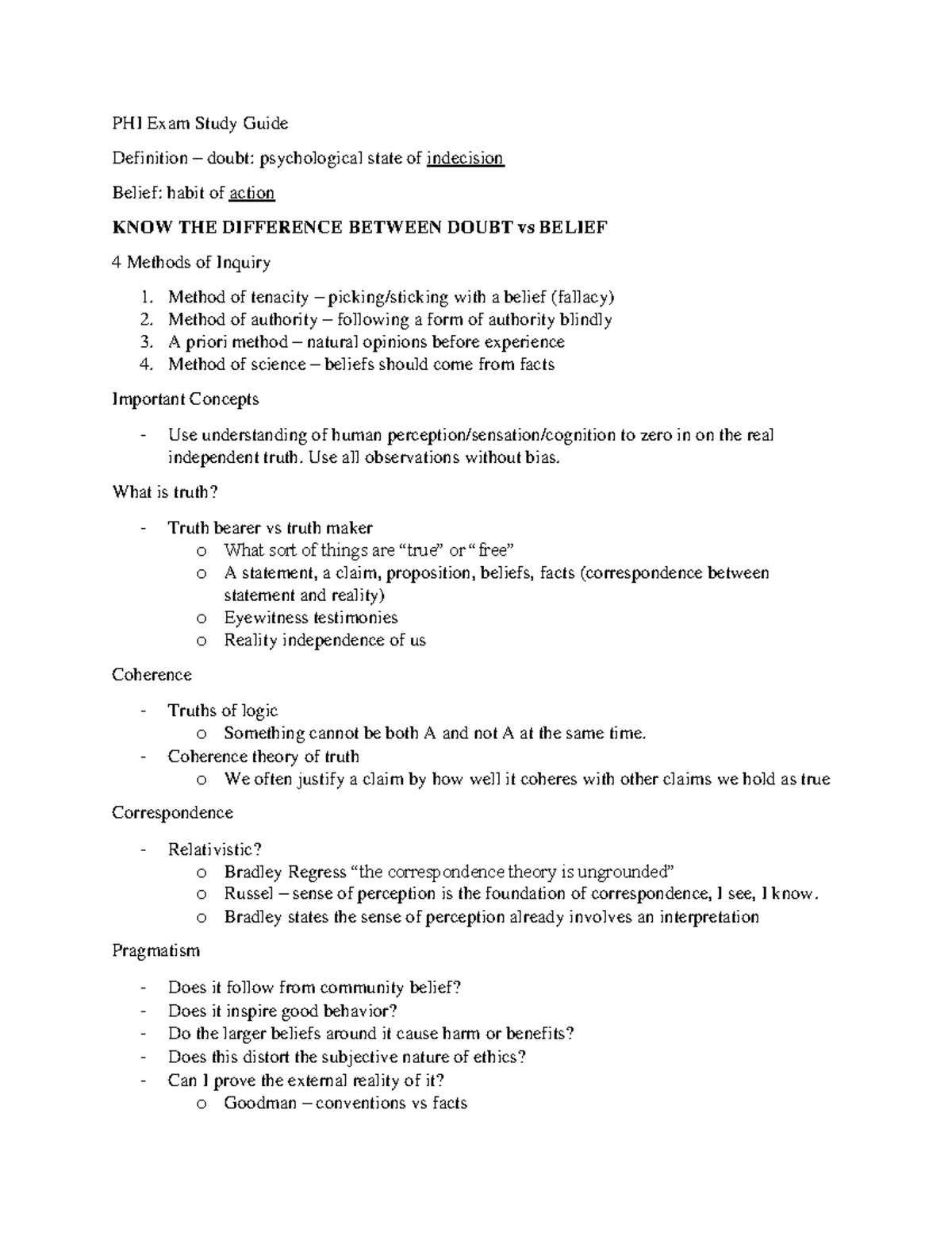 Phi 201 Study Guide PHI Exam Study Guide Definition Doubt