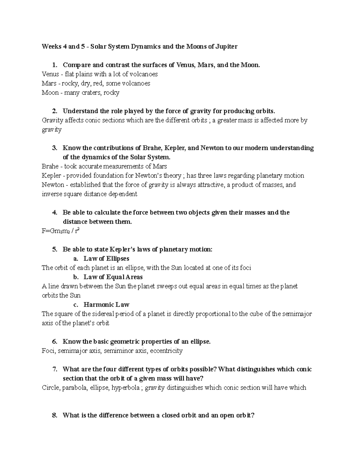 Exam 2 Study Guide - Weeks 4 and 5 - Solar System Dynamics and the ...