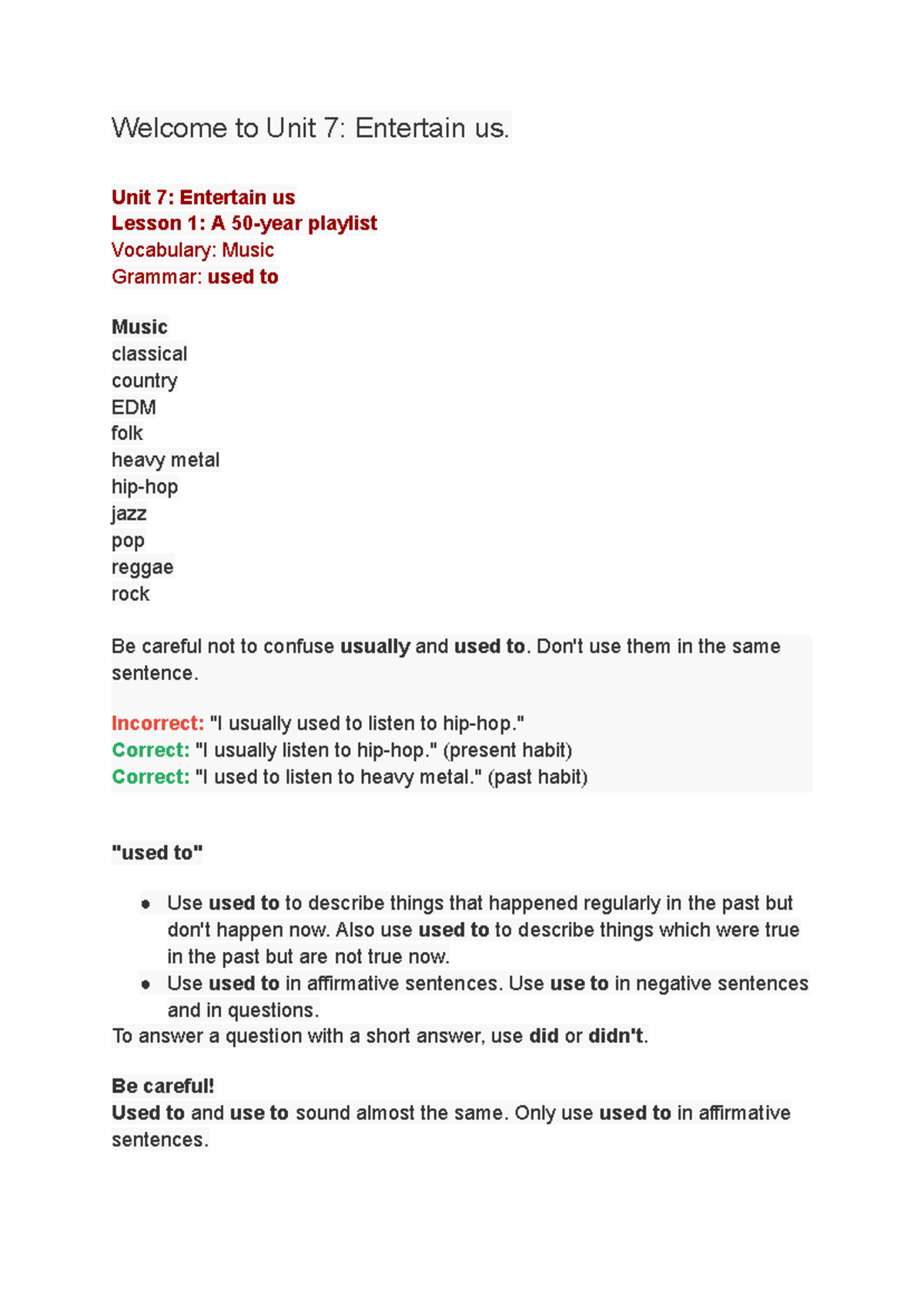 Welcome to Unit 7 Entertain us - Unit 7: Entertain us Lesson 1: A 50 ...