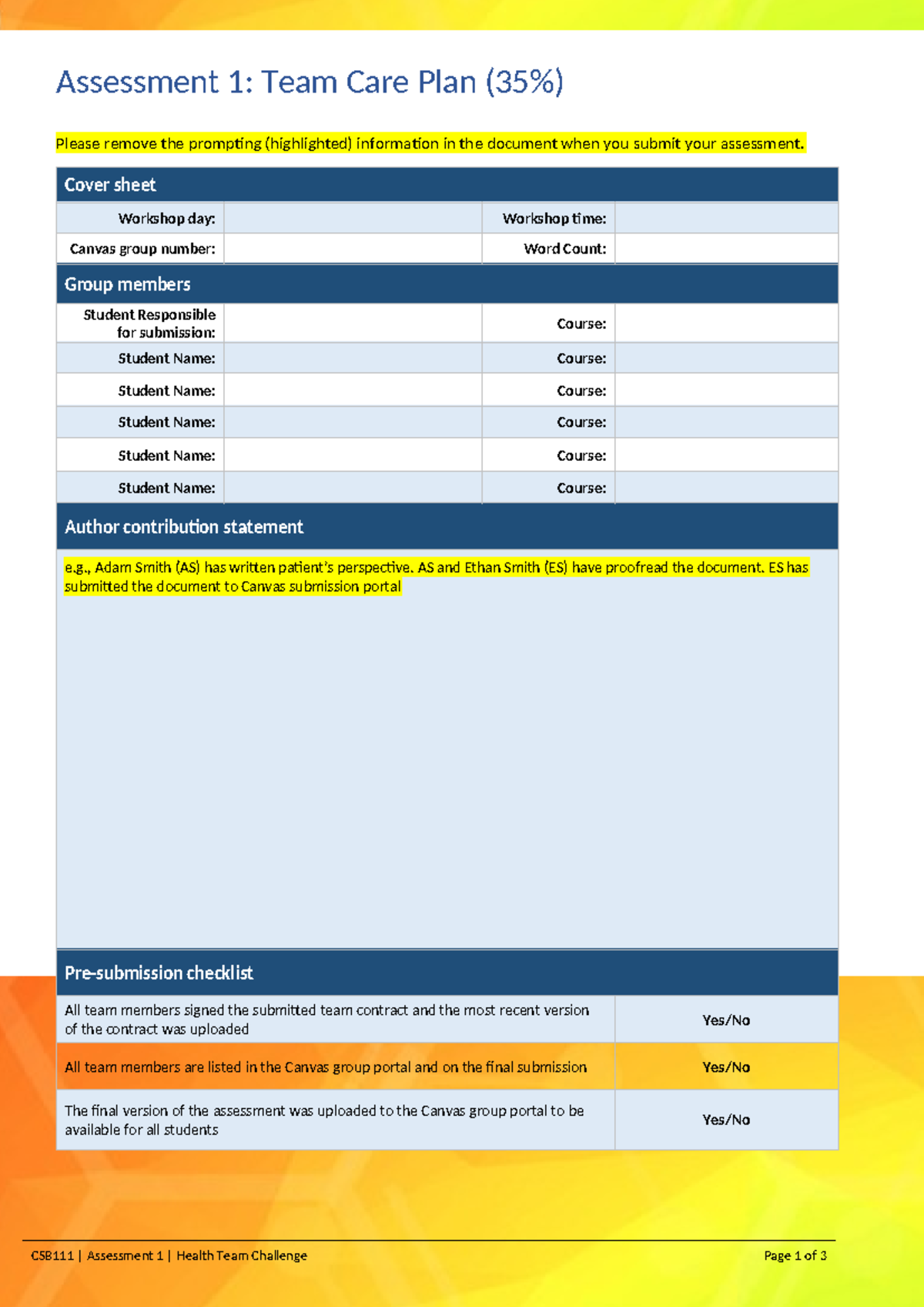 CSB111 Assessment 1 Team Care Plan Template-1 - Assessment 1: Team Care ...