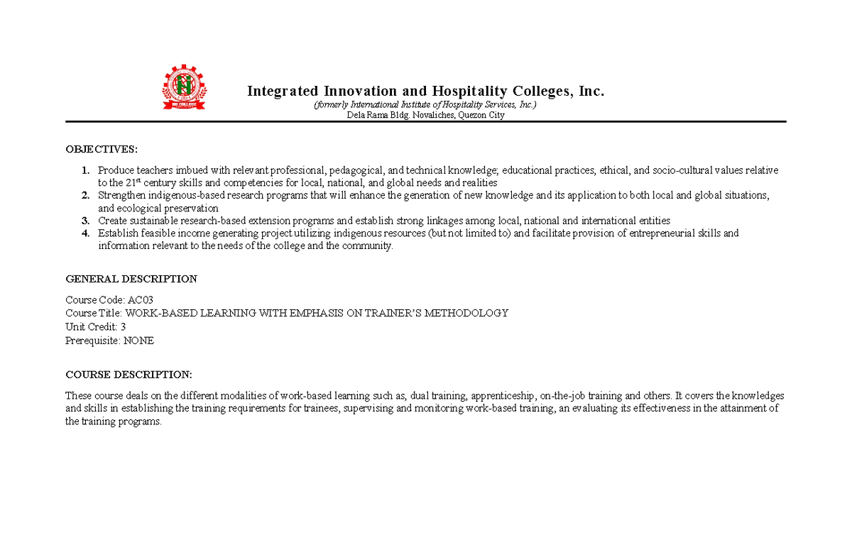 CIG Syllabus WORK Based Learning WITH Emphasis ON Trainers Methodology ...
