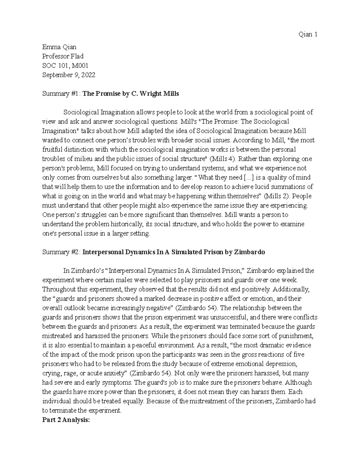 Reading Analysis 1 - Qian 1 Emma Qian Professor Flad SOC 101, M ...