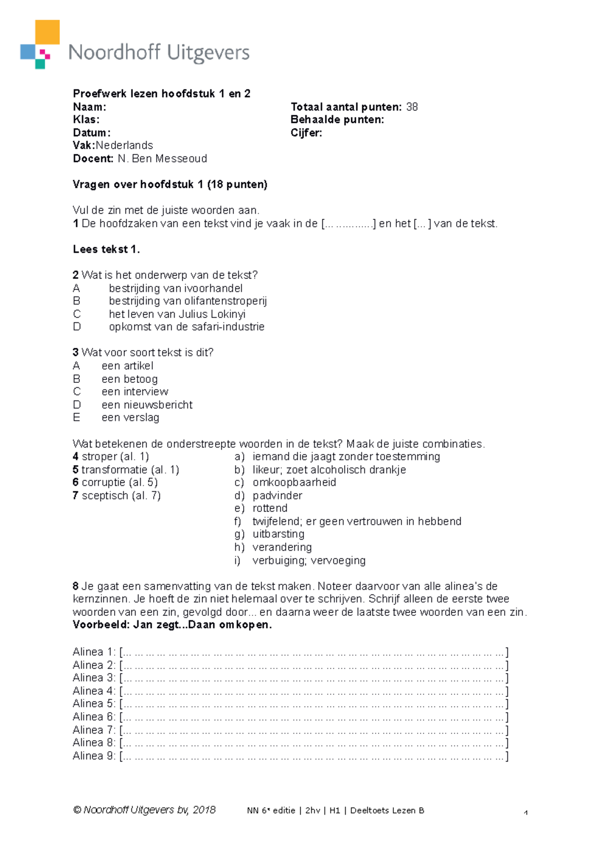 2vh Toets lezen h1 en 2 deeltoets B - Proefwerk lezen hoofdstuk 1 en 2 ...