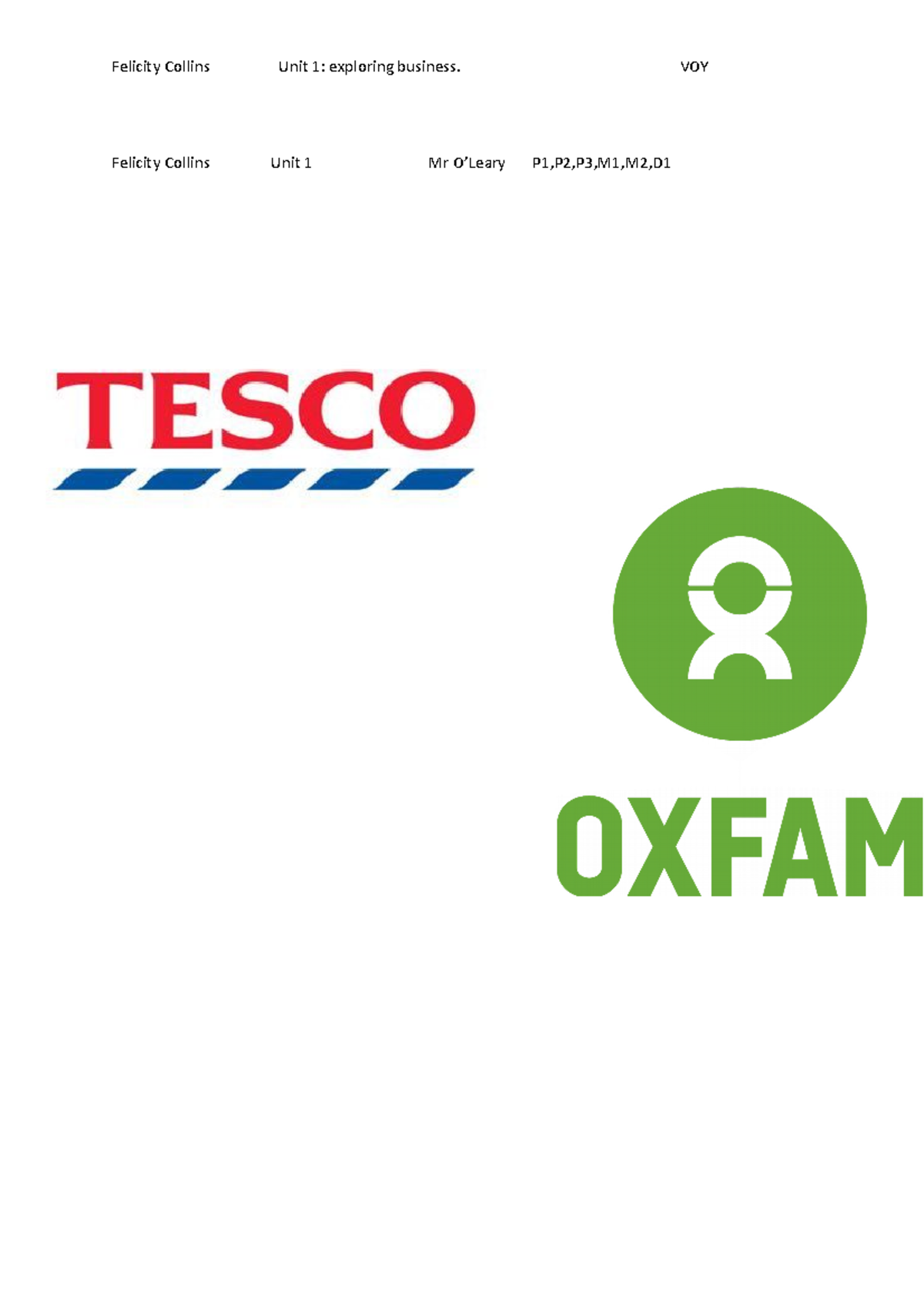 Business coursework Mr Oleary P1 - Felicity Collins Unit 1 Mr O’Leary ...