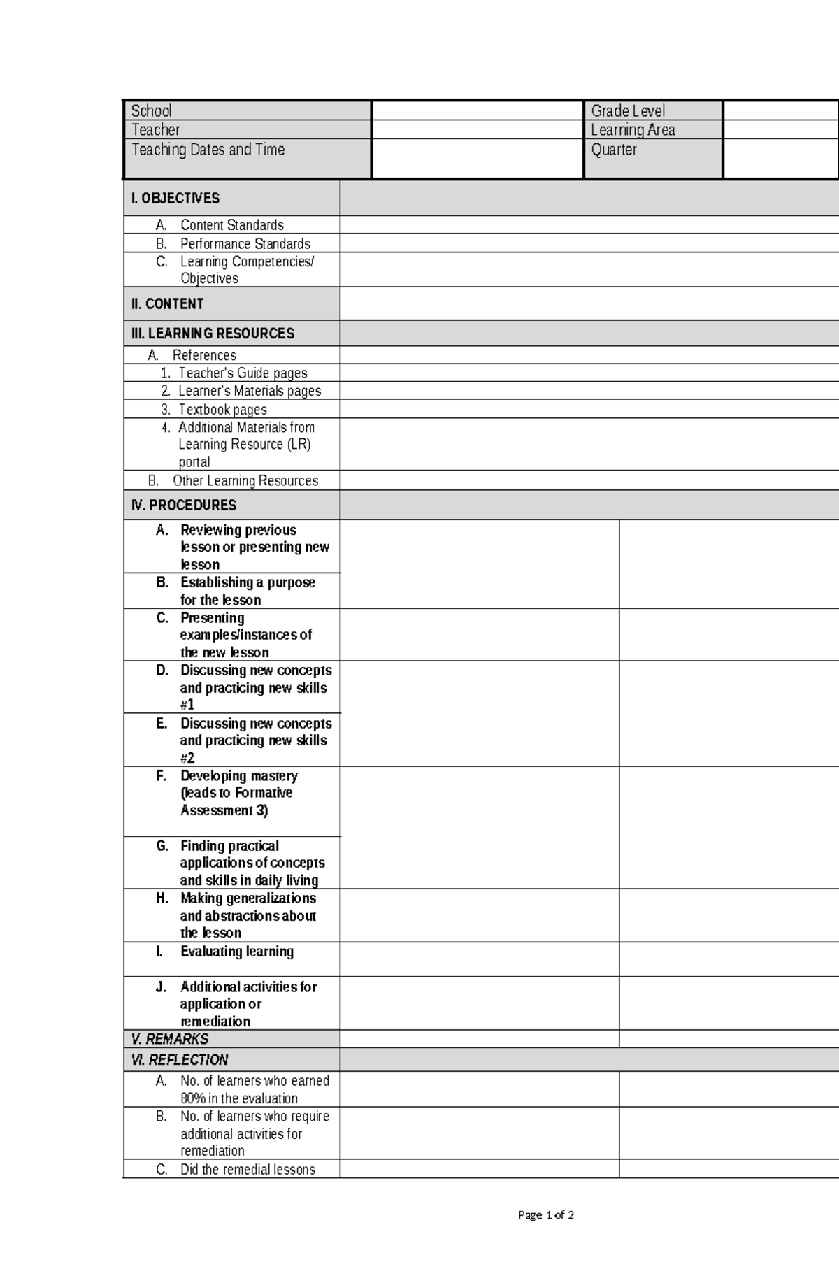 DLP Template - Format for you - Page 1 of 2 School Grade Level Teacher ...