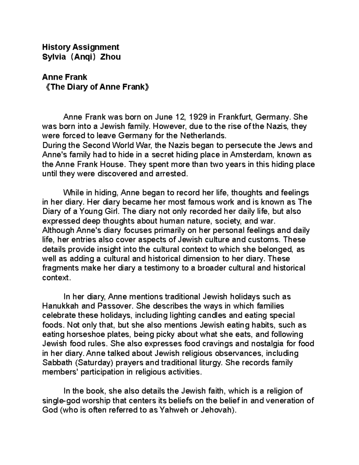Anne - Assignment - History Assignment Sylvia（Anqi）Zhou Anne Frank 《The ...