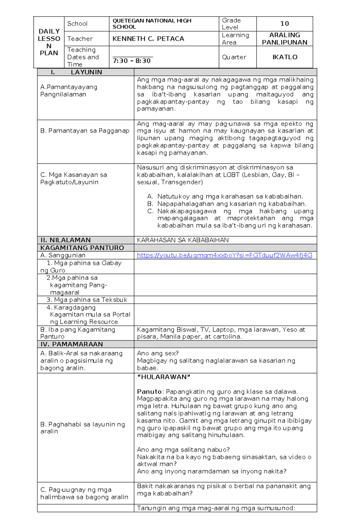 DLP- Final-DEMO - I. LAYUNIN A Pangnilalaman Ang mga mag-aaral ay ...