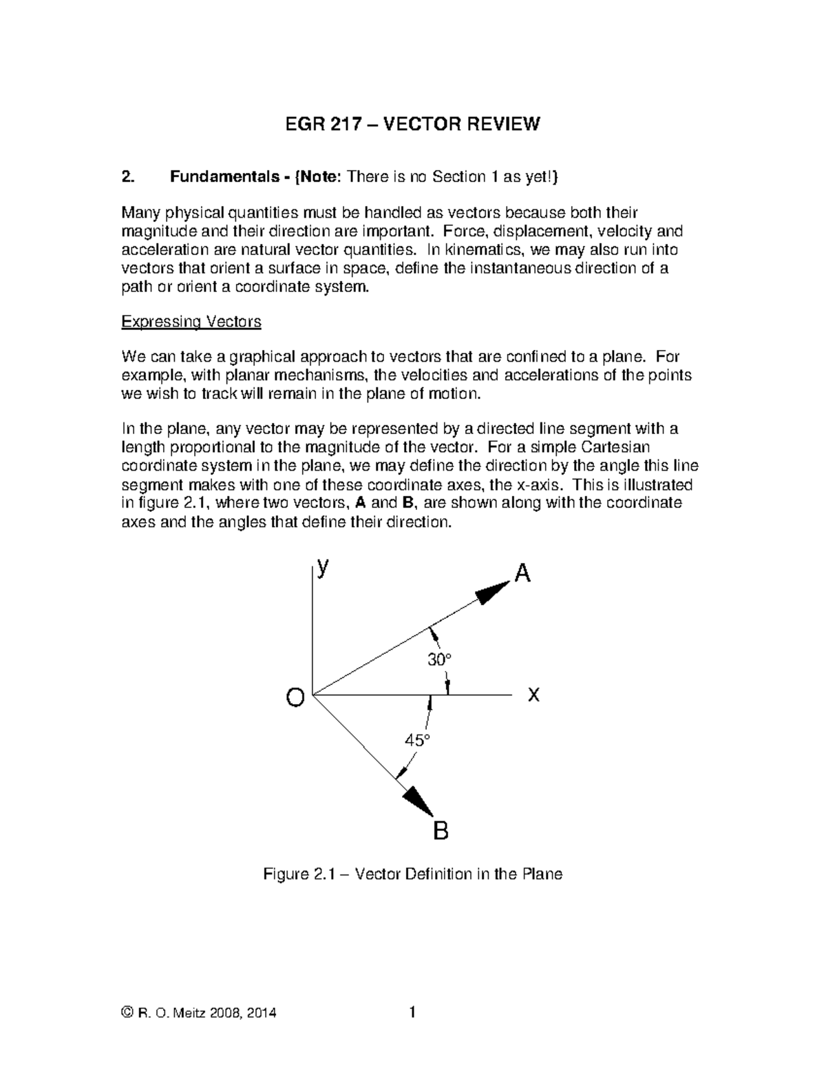 EGR 217 Vector Review - Egr 217, Prof. Meitz - © R. O. Meitz 2008, 2014 ...