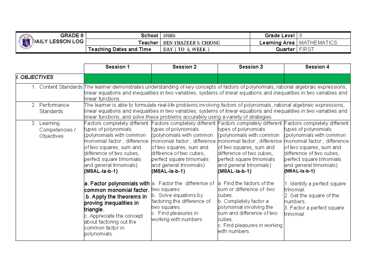 the math technique - GRADE 8 DAILY LESSON LOG School SNHS Grade Level 8 ...