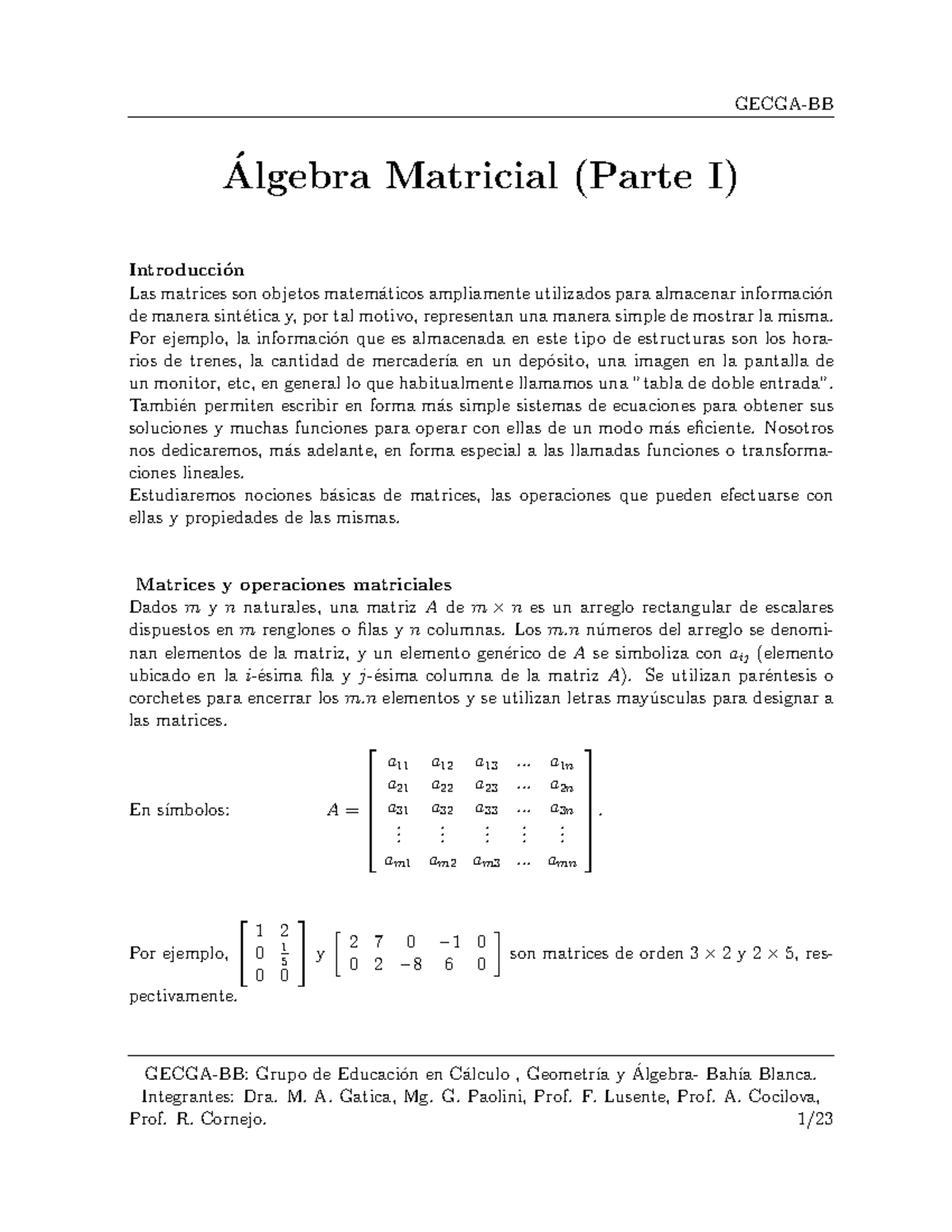 02 Alg Matricial - Algebra Matricial (Parte I) ́ Introducci ́on Las ...