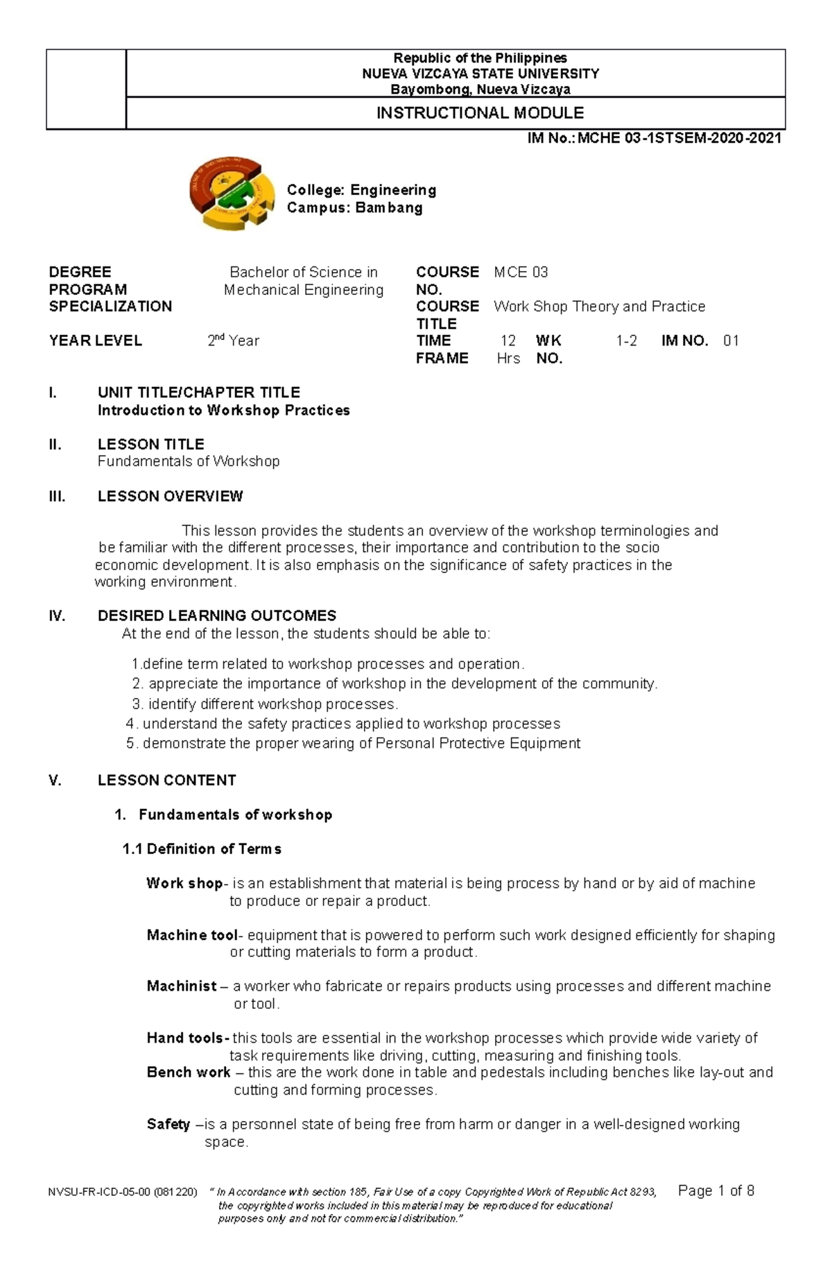 Im work shop week 1 2 - Lecure - NUEVA VIZCAYA STATE UNIVERSITY ...
