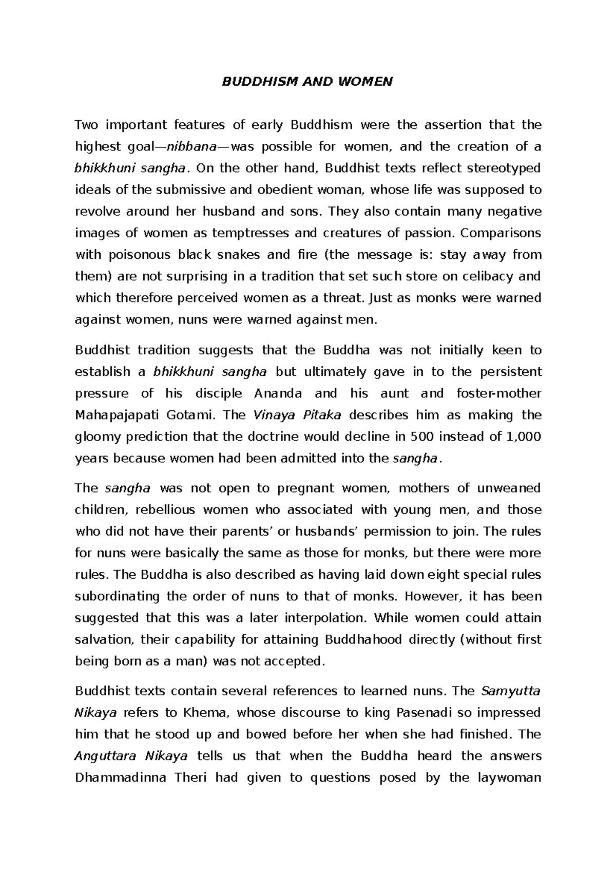 Buddhism AND Women - HIS - BUDDHISM AND WOMEN Two important features of ...