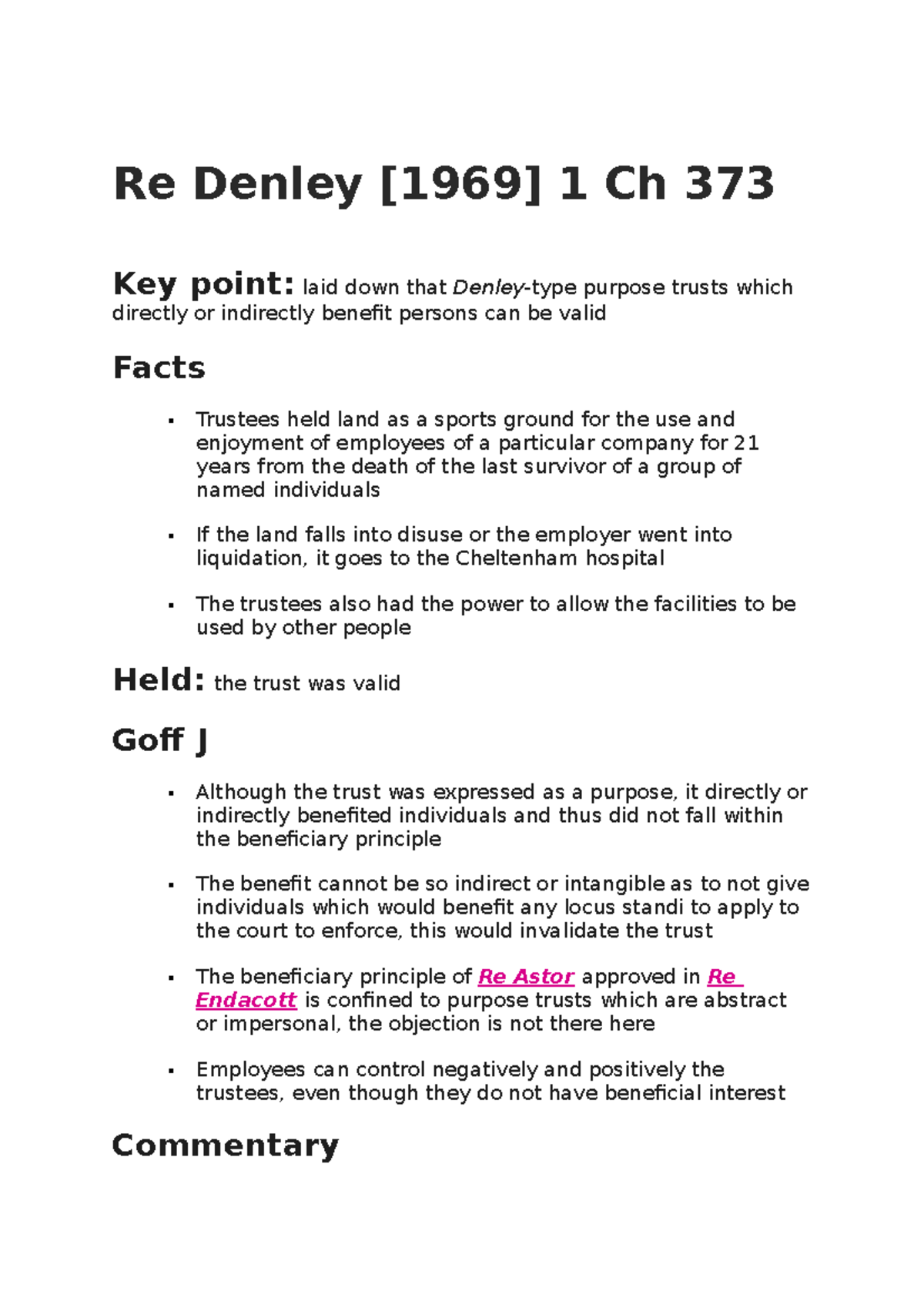 Re Denley [1969] 1 Ch 373 - Re Denley [1969] 1 Ch 373 Key point: laid ...