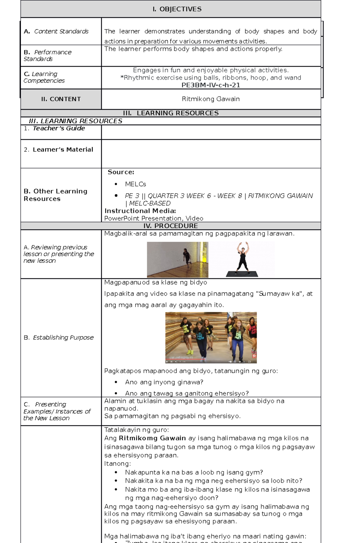 Physical Education DLP - School: Grade Level: Grade 3 S- Teacher ...