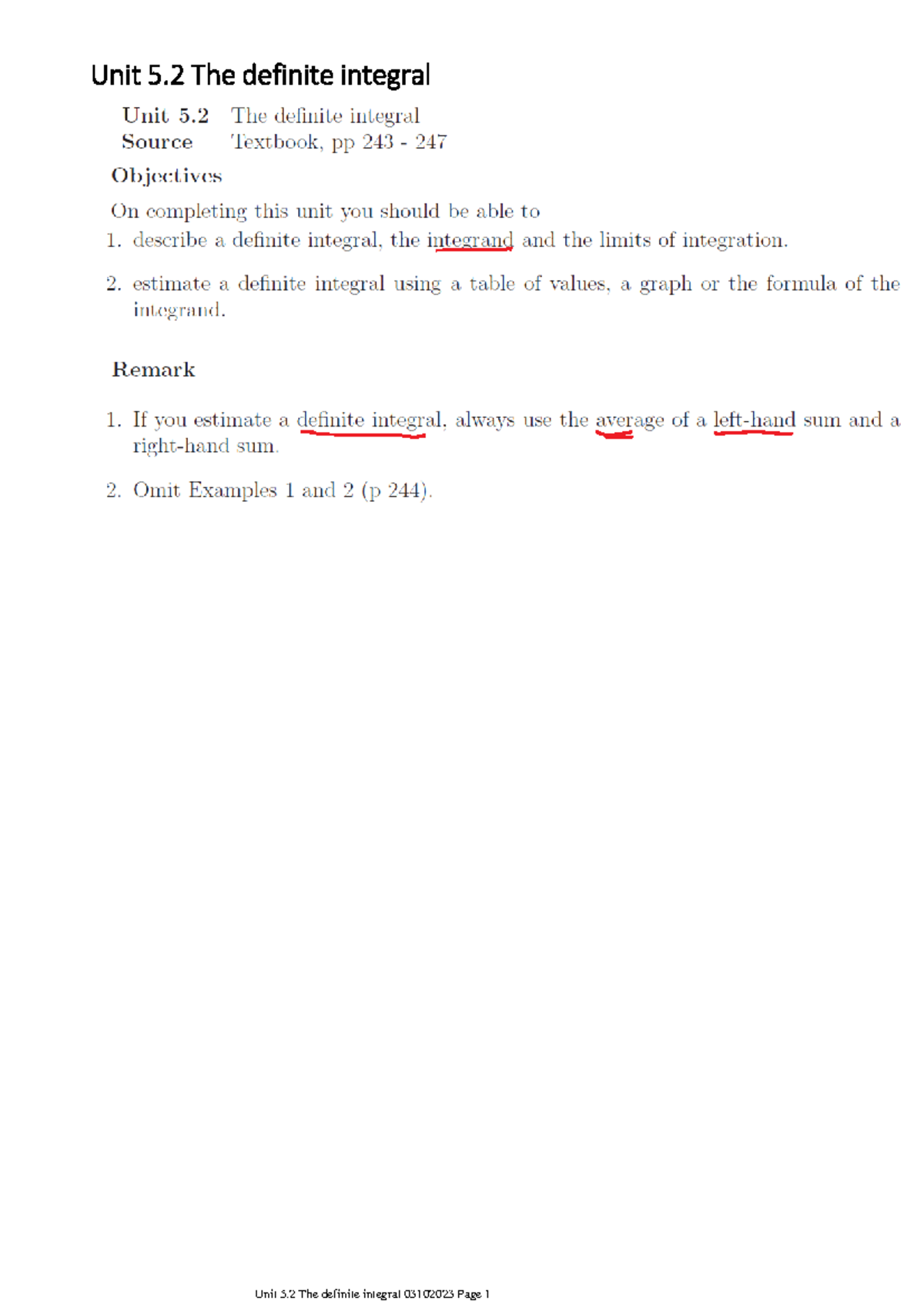 Unit 5.2 The definite integral with annotation - WTW 134 - Unit 5 The ...