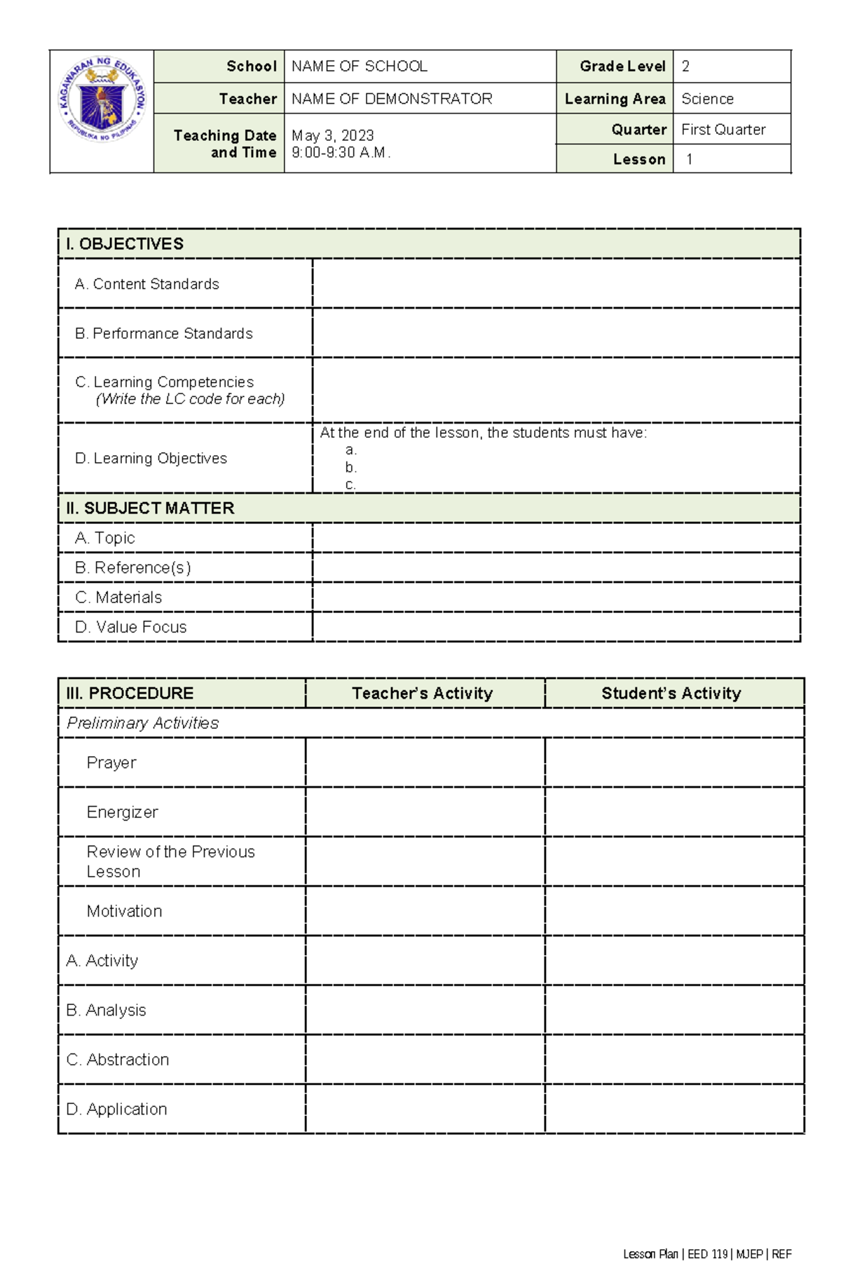 EED 119 Lesson Plan Template - School NAME OF SCHOOL Grade Level 2 ...